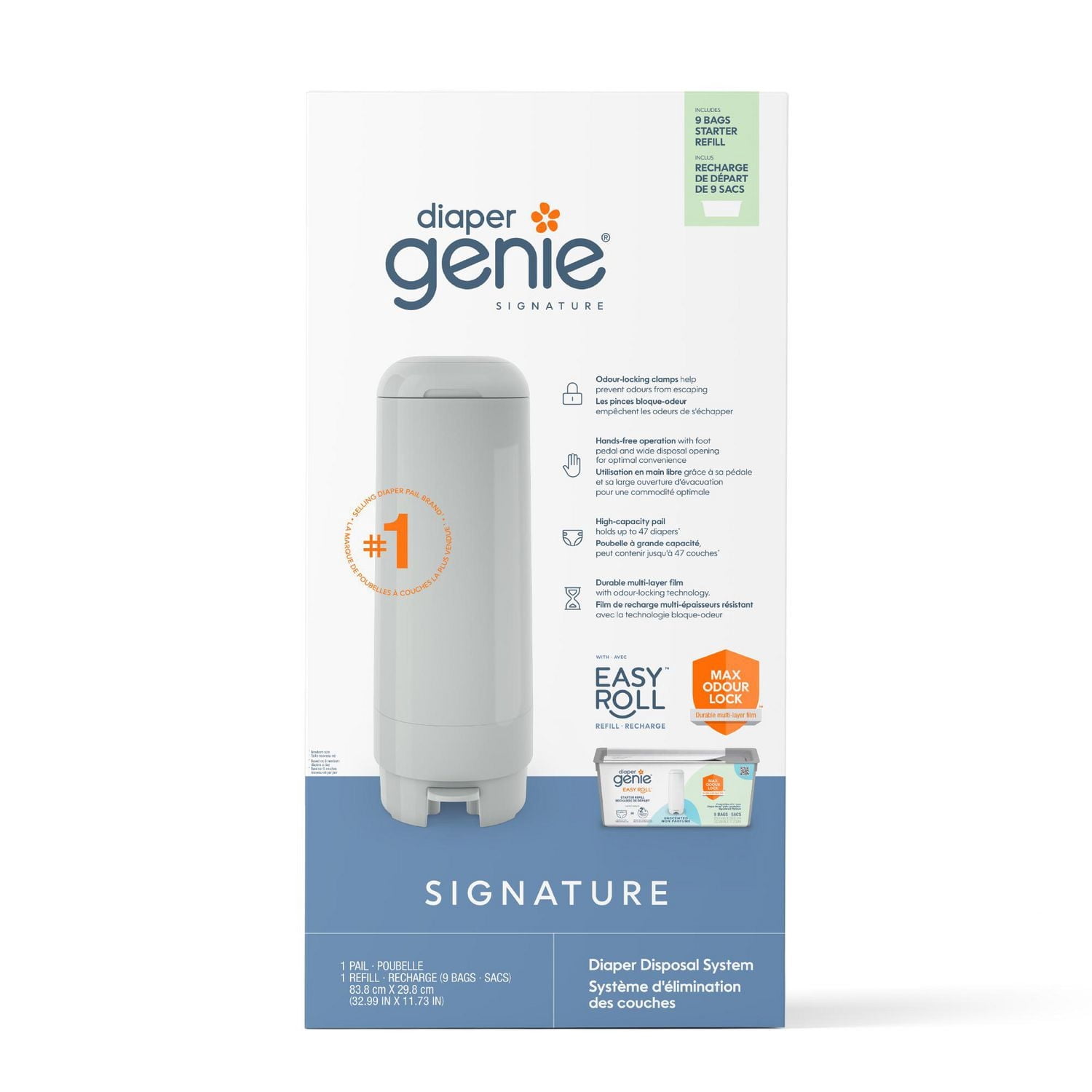 Diaper Genie Signature Pail - Grey, Includes 1 Easy Roll Refill with 9 ...