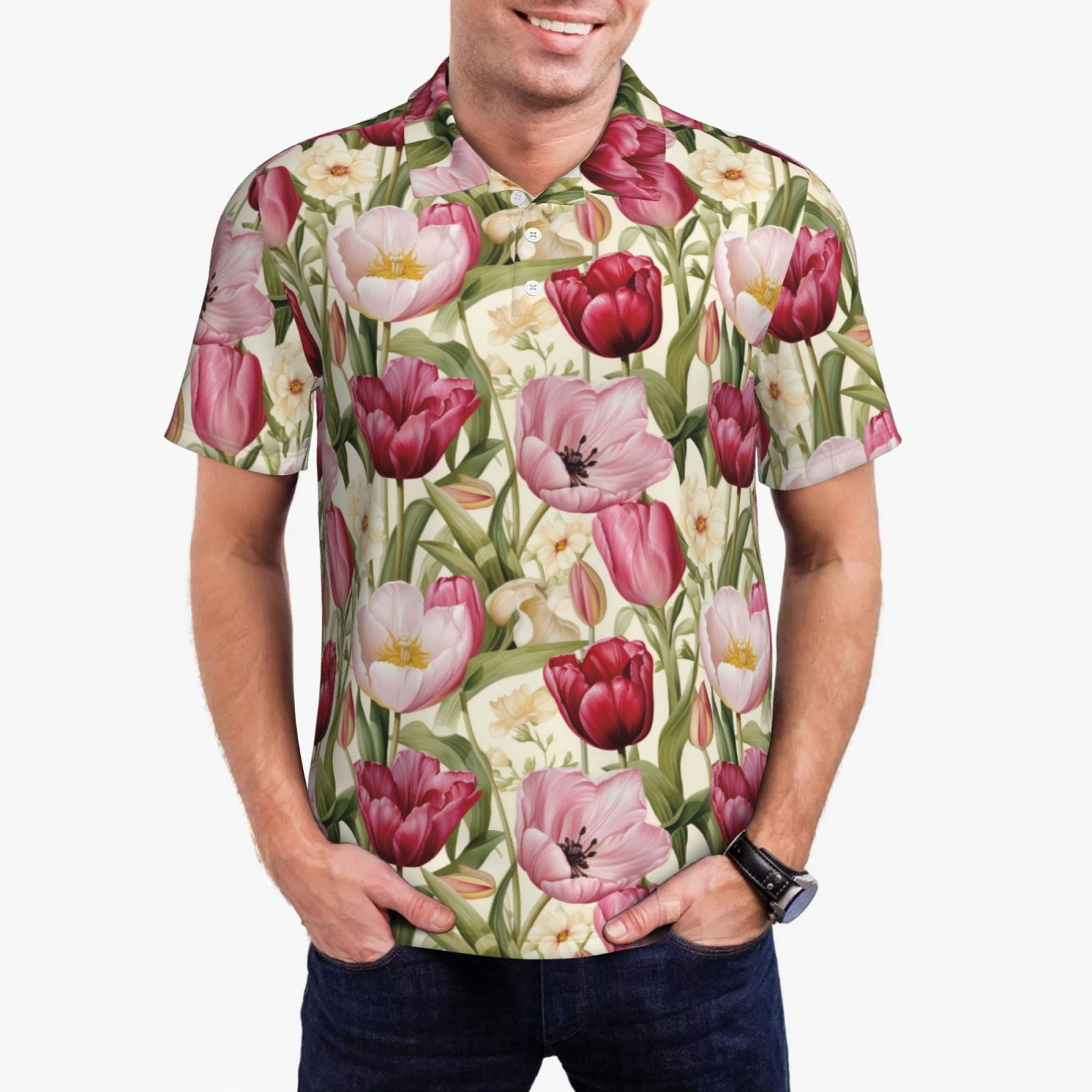 Click here for Saiise Tulips Flowers Print Mens Golf Shirt Moistu... prices