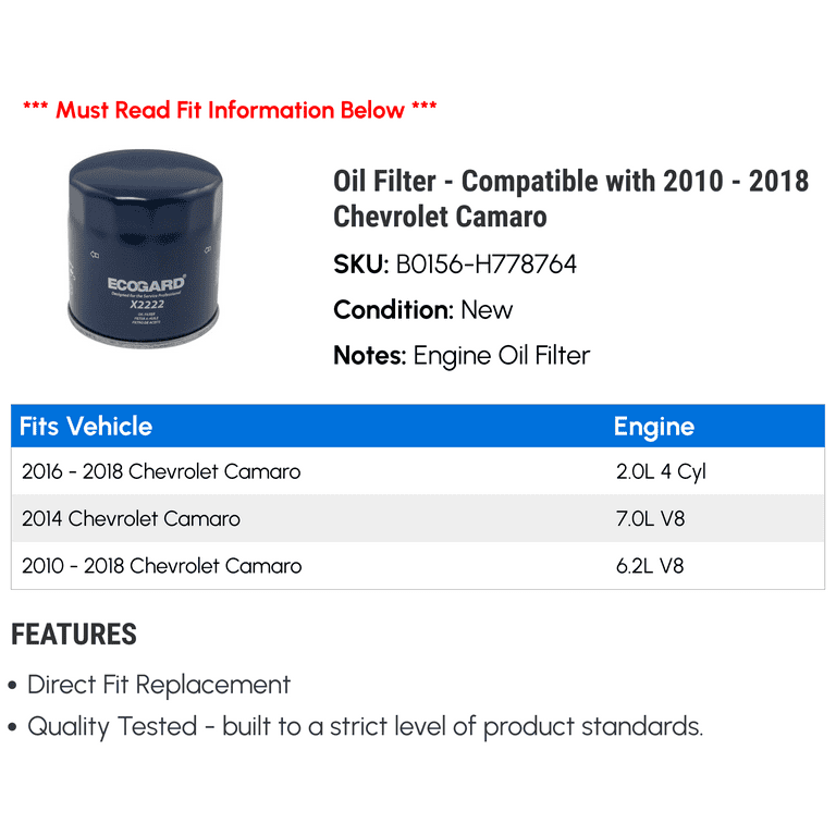 Oil Filter Compatible with 2010 2018 Chevy Camaro 2011 2012 2013 2014 2015 2016 2017