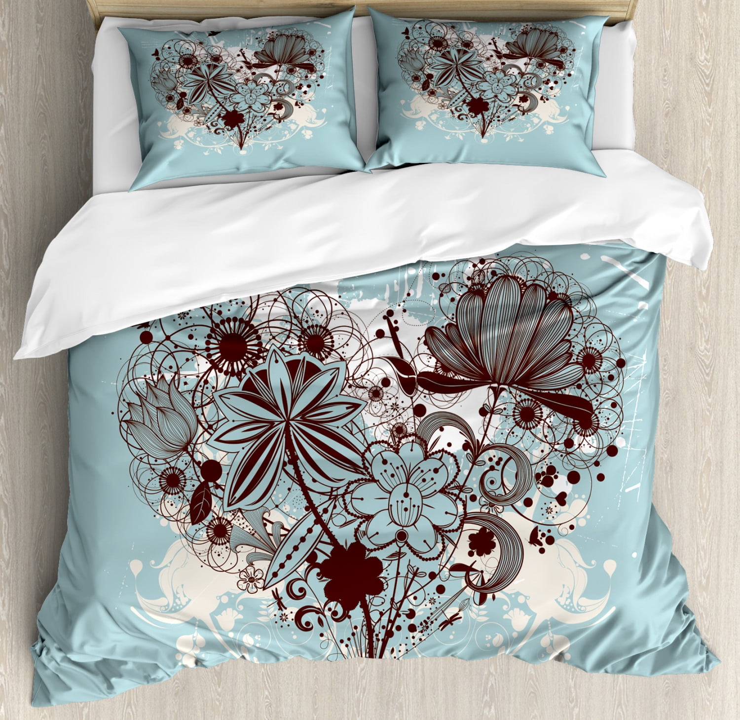 Floral King Size Duvet Cover Set, Silhouette Bouquet of Flowers in ...