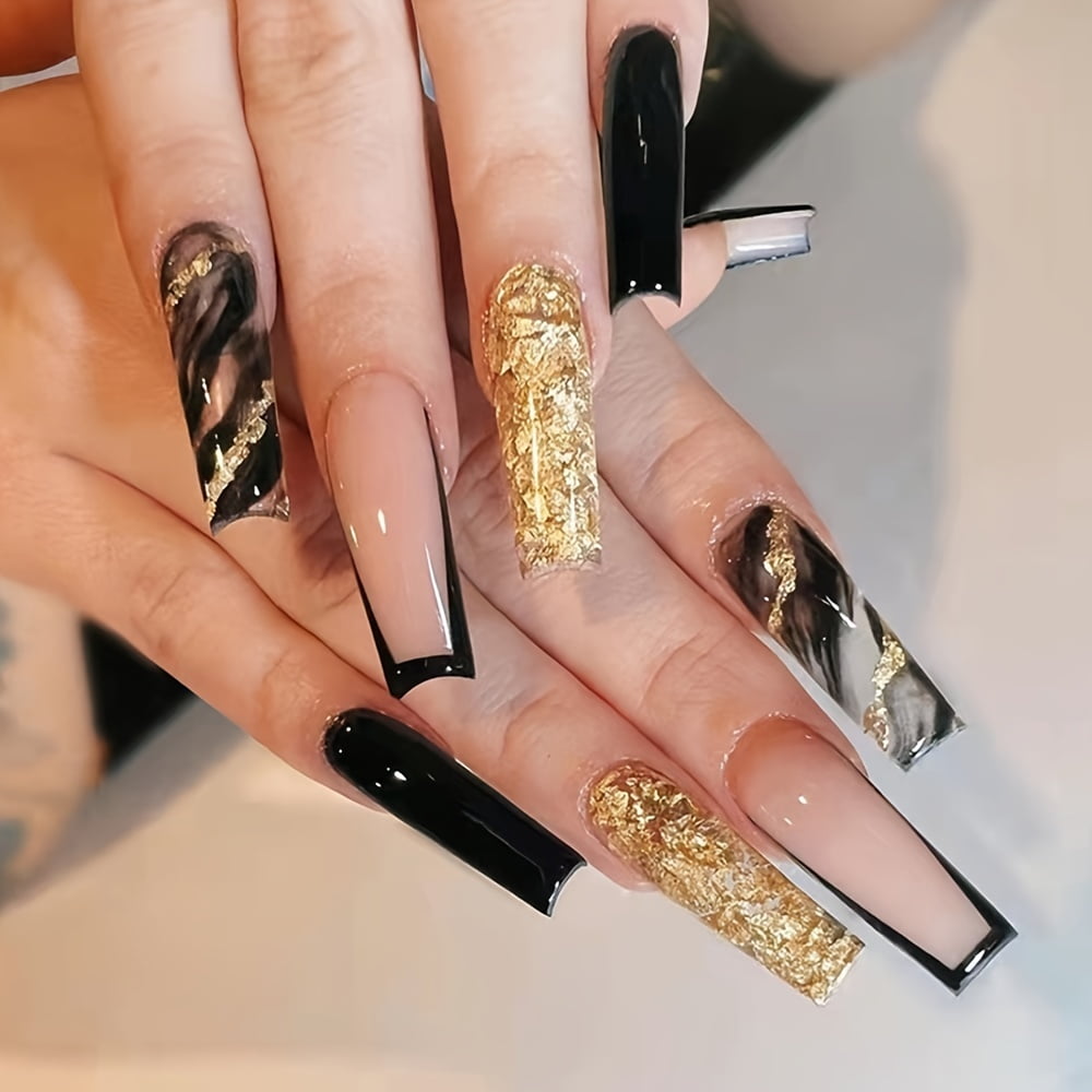 Press On Nails Gold Glitter Long Black Coffin Acrylic Glossy Artificial