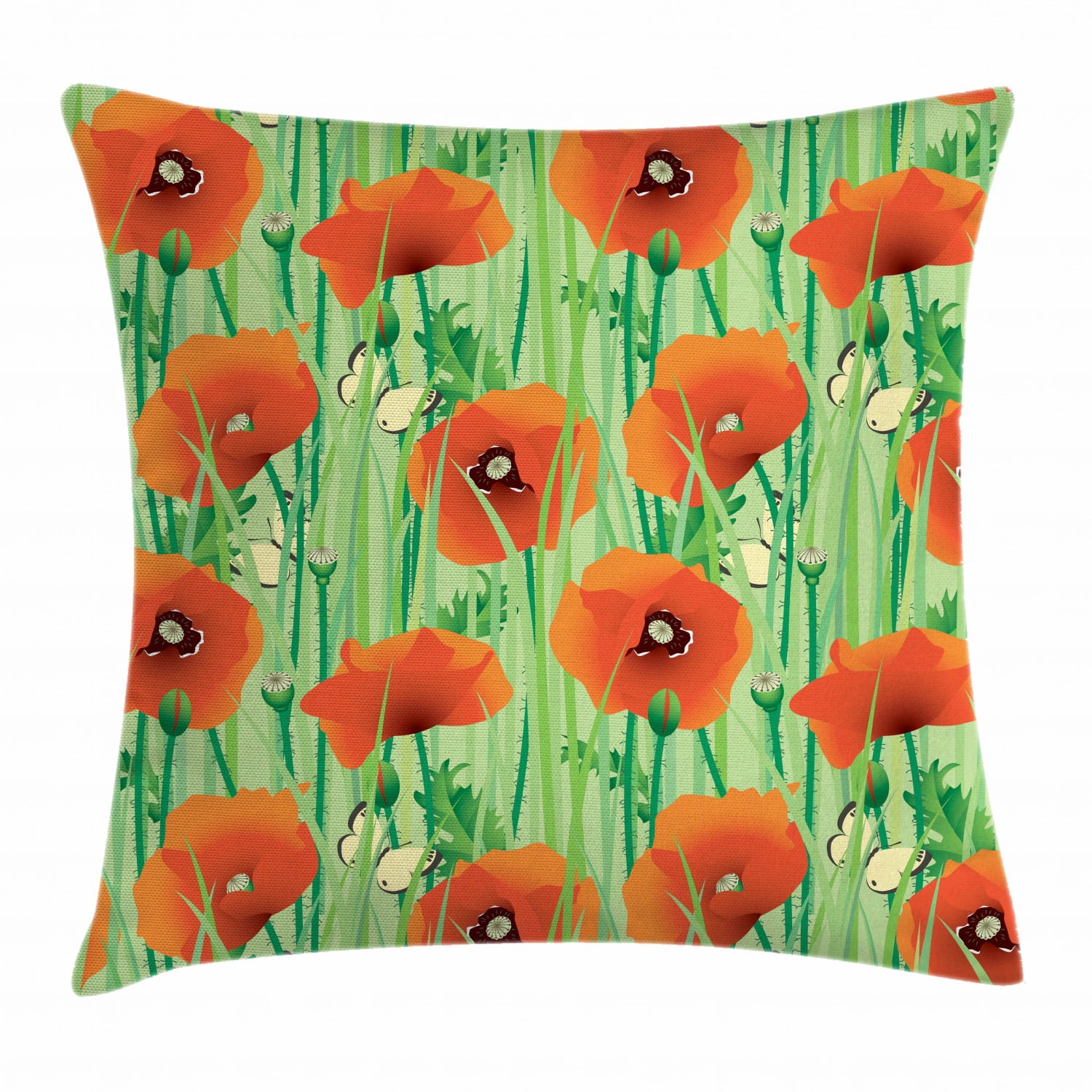 Spring Throw Pillow Cushion Cover, Scarlet Poppy Flowers Field with ...
