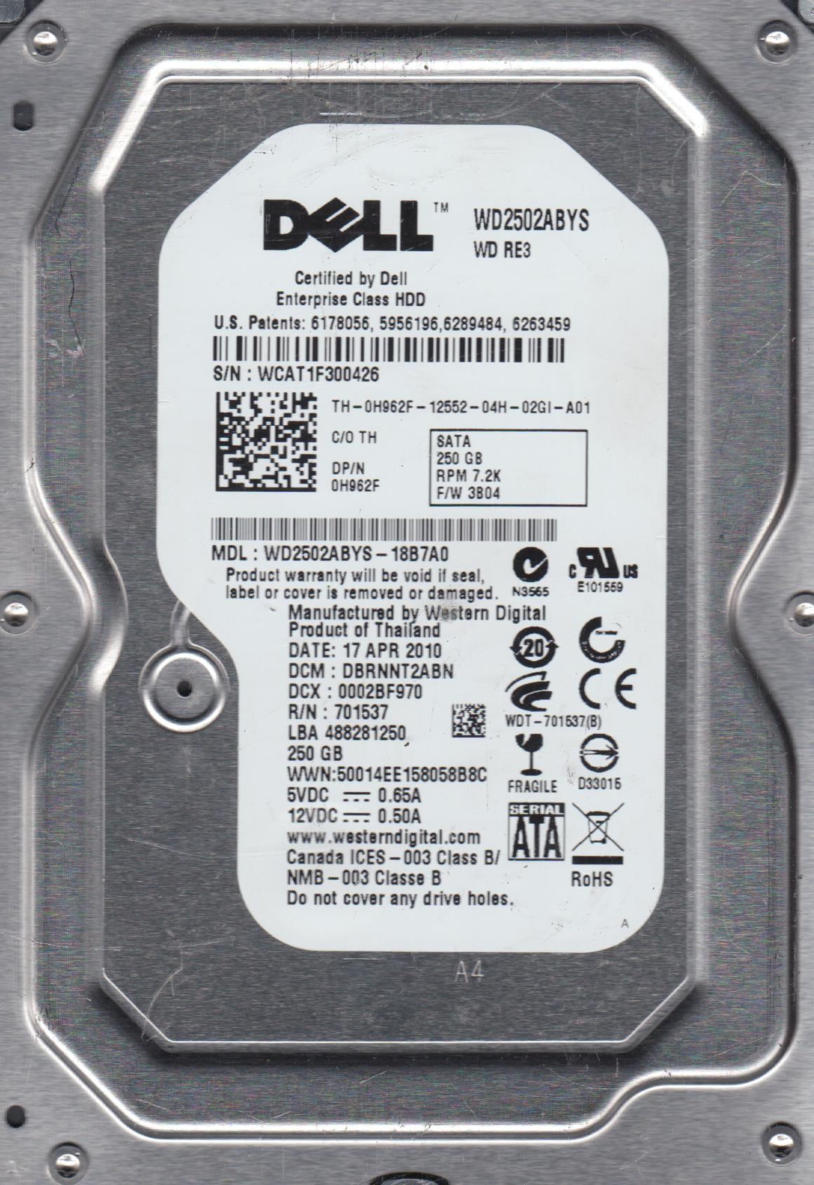 WD2502ABYS-18B7A0, DCM DBRNNT2ABN, Western Digital 250GB SATA 3.5 Hard ...