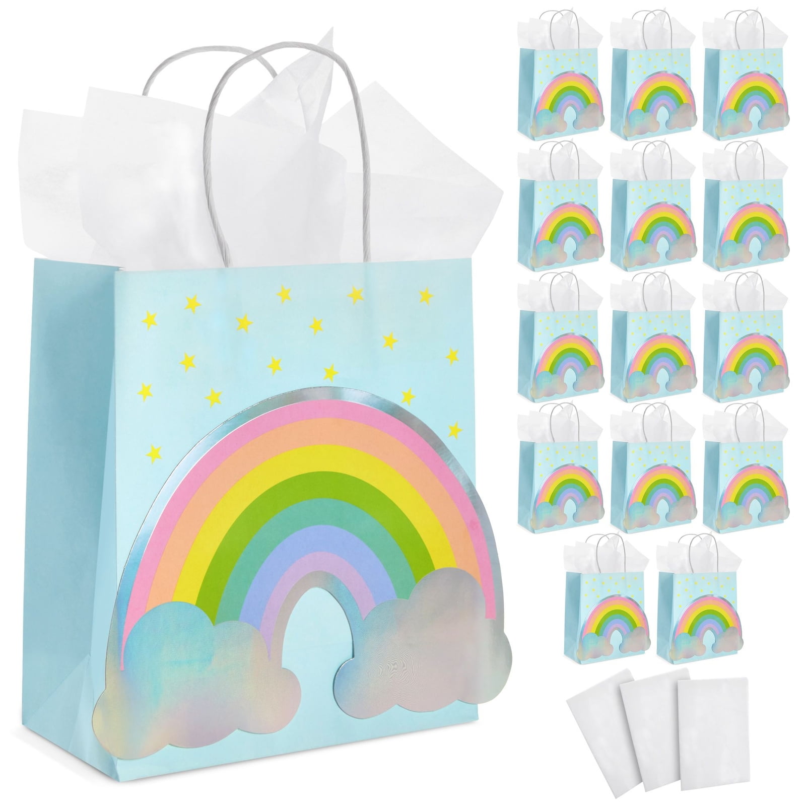 15-Pack Rainbow Gift Bags with Handles and 20 White Tissue Paper Sheets ...