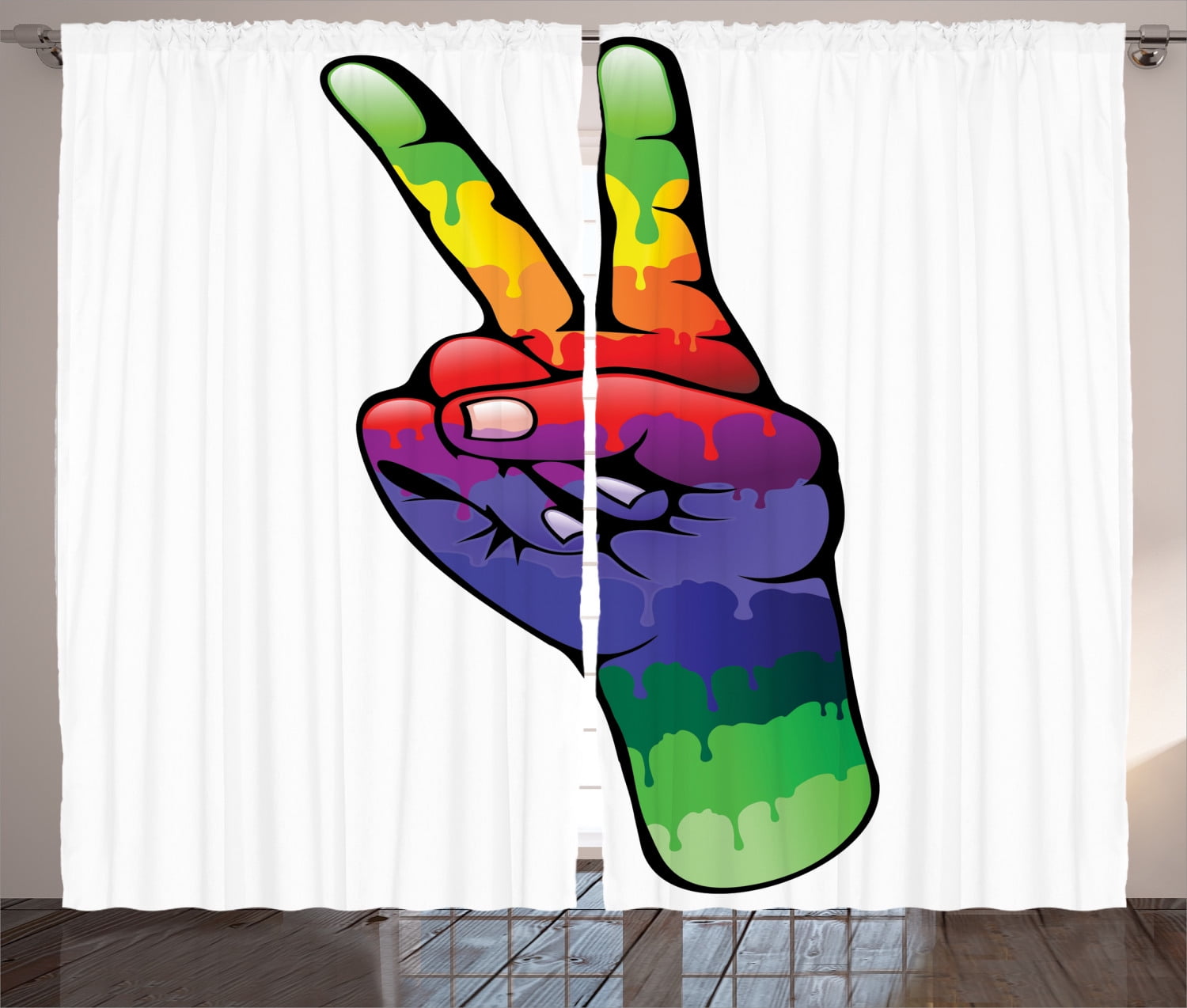 Groovy Decorations Curtains 2 Panels Set, Hand Peace and Love Sign in ...