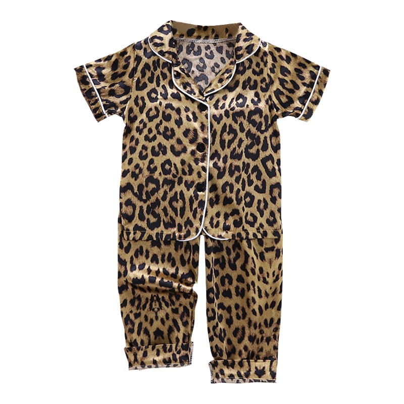 Kid Girls Boys Leopard Printed Short Sleeve Pajamas Tops + Sleep Pants ...