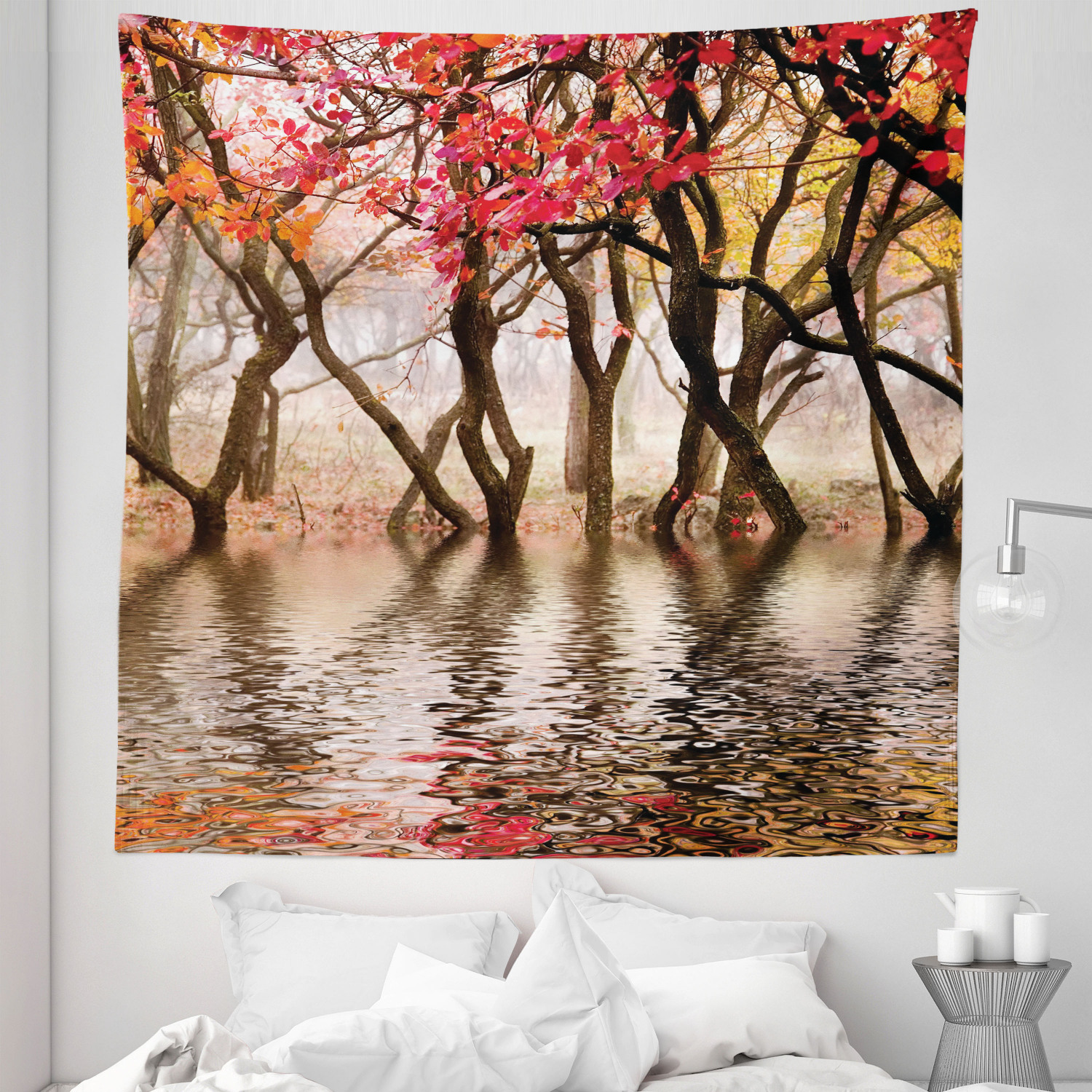 Autumn Tapestry, Fall Season River with Trees Colorful Pinkish Foliage ...
