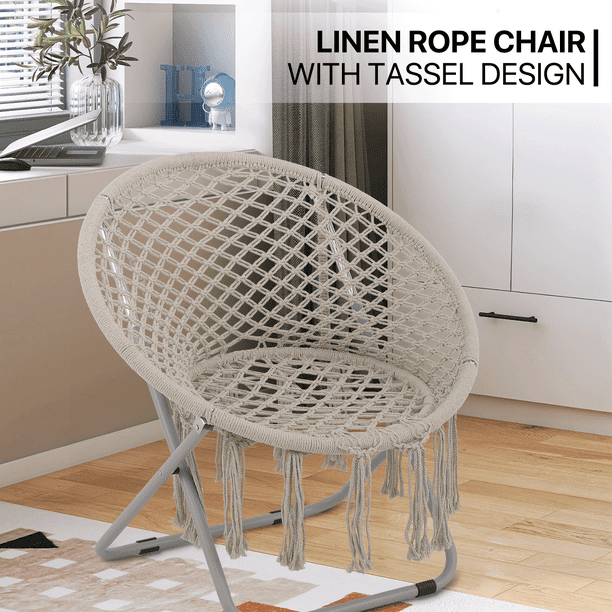 MoNiBloom Folding Boho Saucer Chair Set of 2 Round Cozy Moon Chair with Metal Frame for Indoor Outdoor Living Room Bedroom Beige
