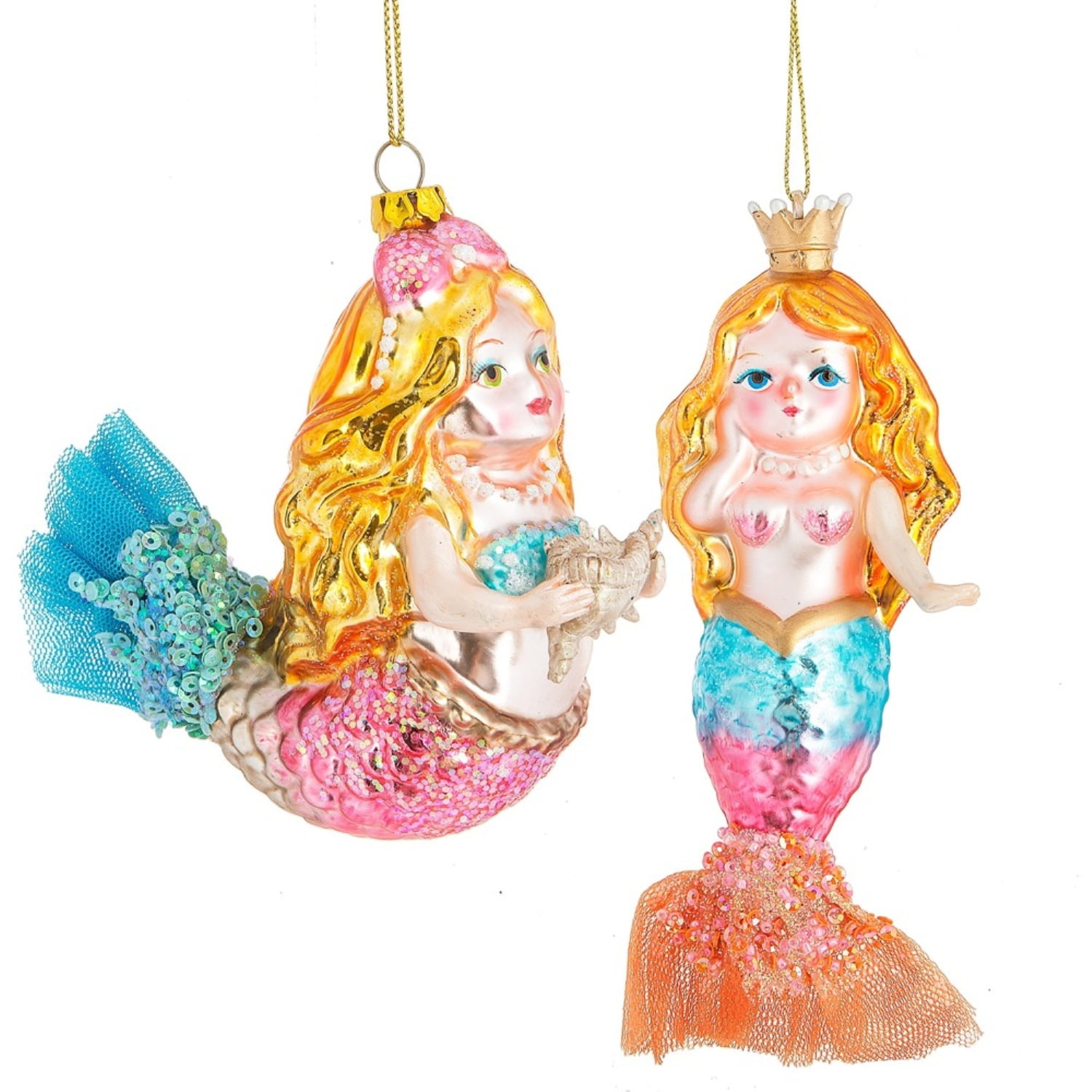 Pink and Blue Golden Haired Mermaids Christmas Holiday Ornaments Set of ...