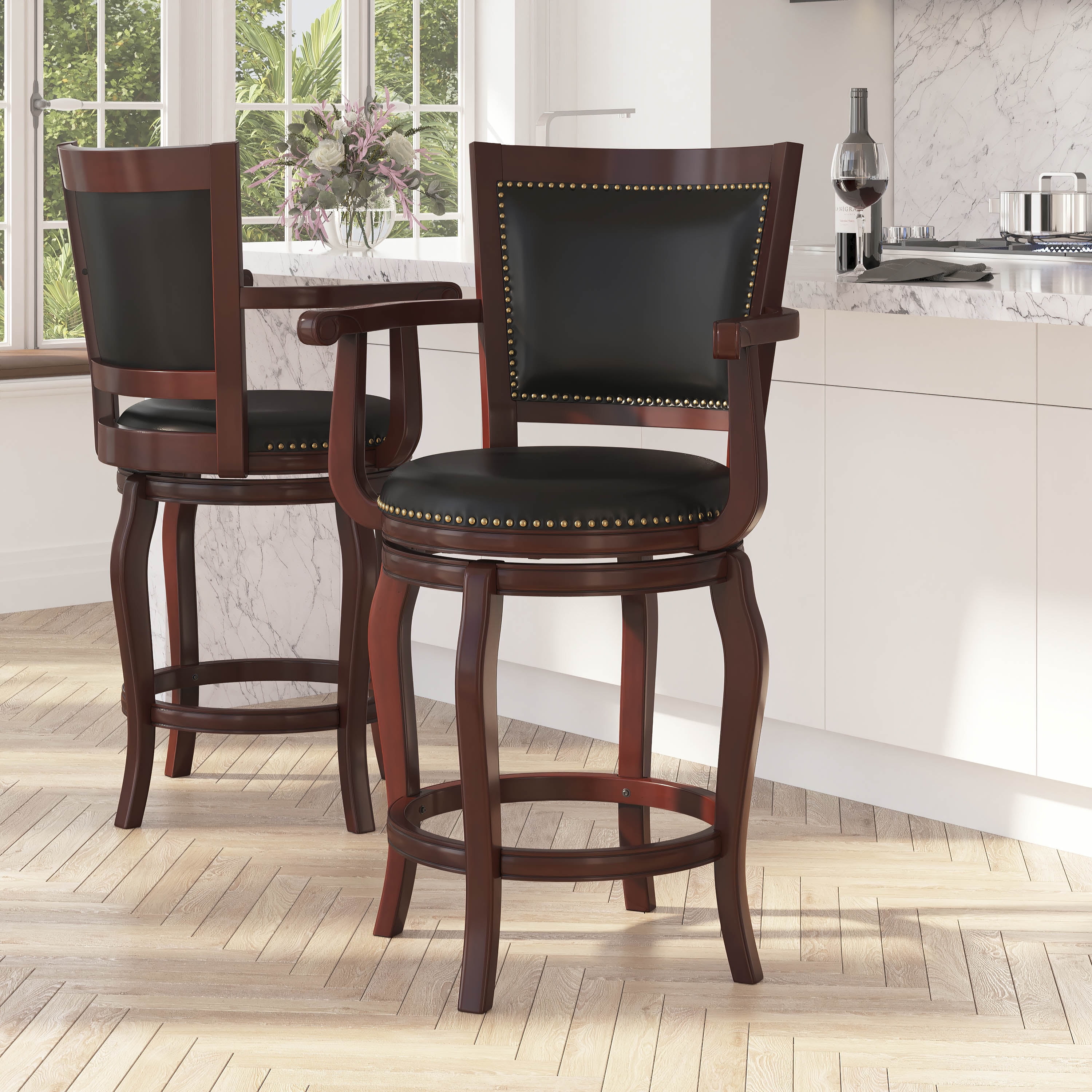 Merrick Lane 26" Cherry Wood Panel Back Counter Stool with Arms and Black Faux Leather Swivel ...