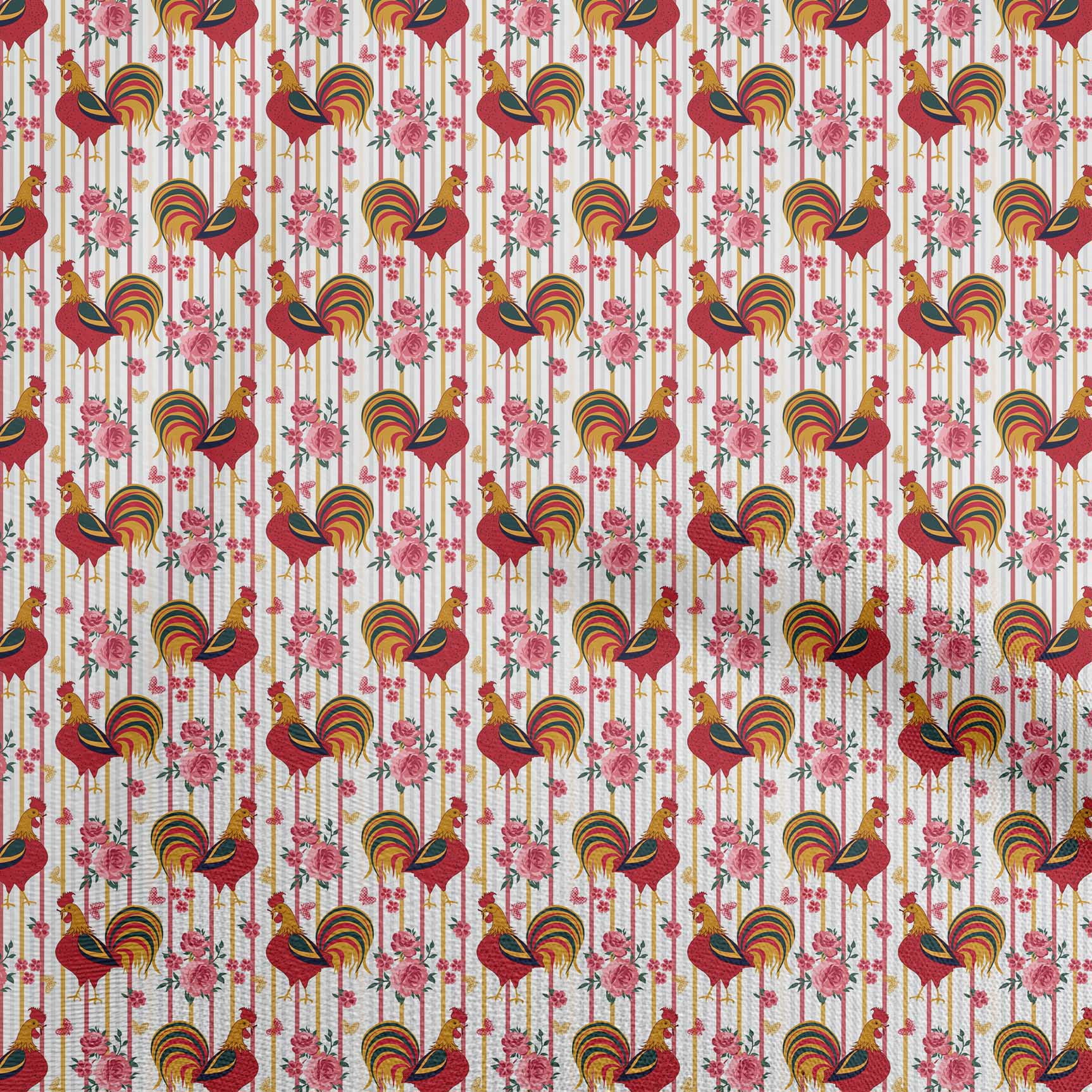 oneOone Cotton Poplin Red Fabric Birds Rooster Dress Material Fabric ...