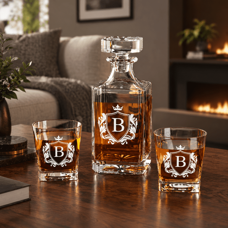 Personalized B Letter Engraved Decanter Set with 10oz Glasses for Men ...