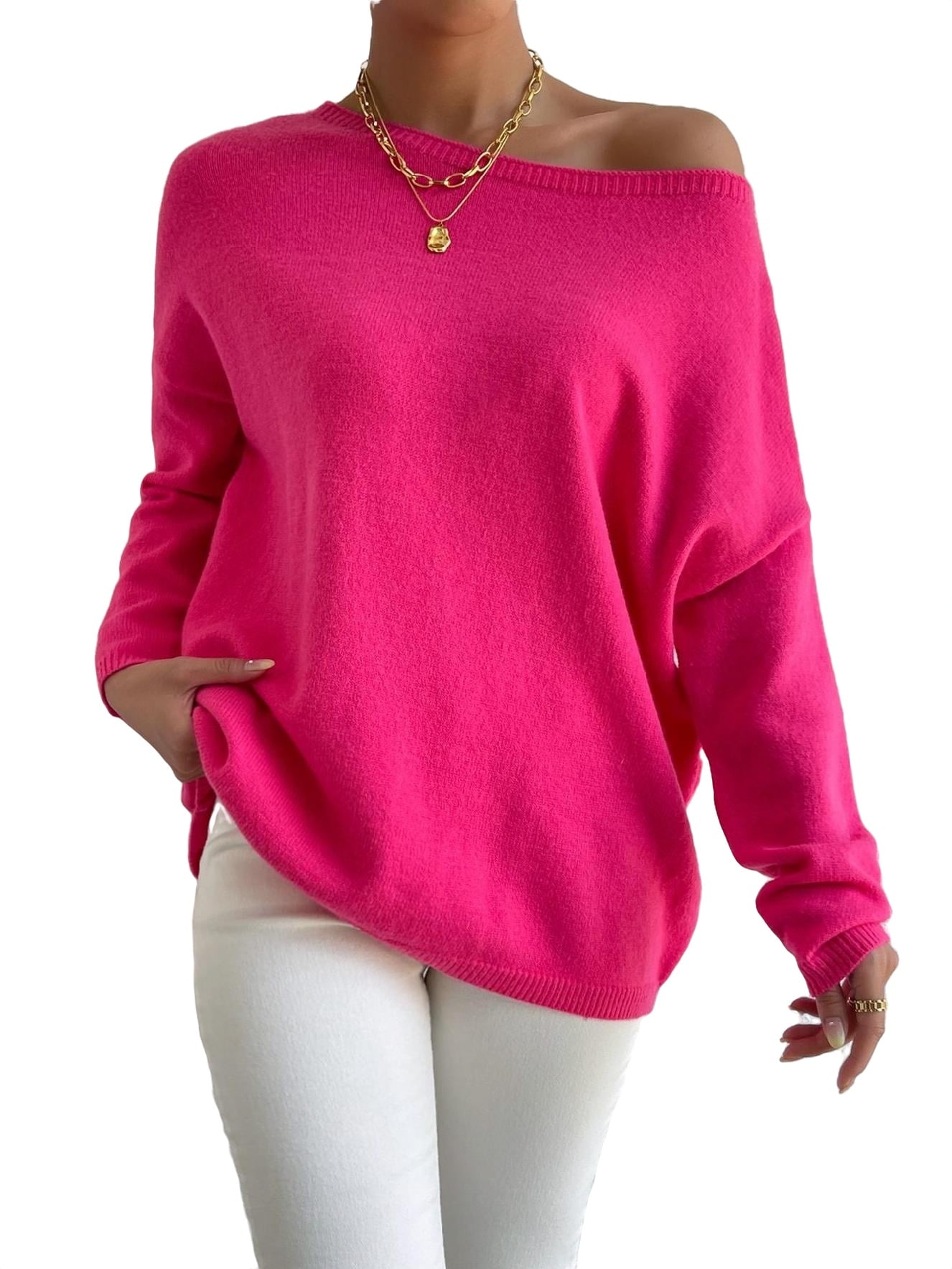Casual Plain Round Neck Pullovers Long Sleeve Hot Pink Womens Sweaters