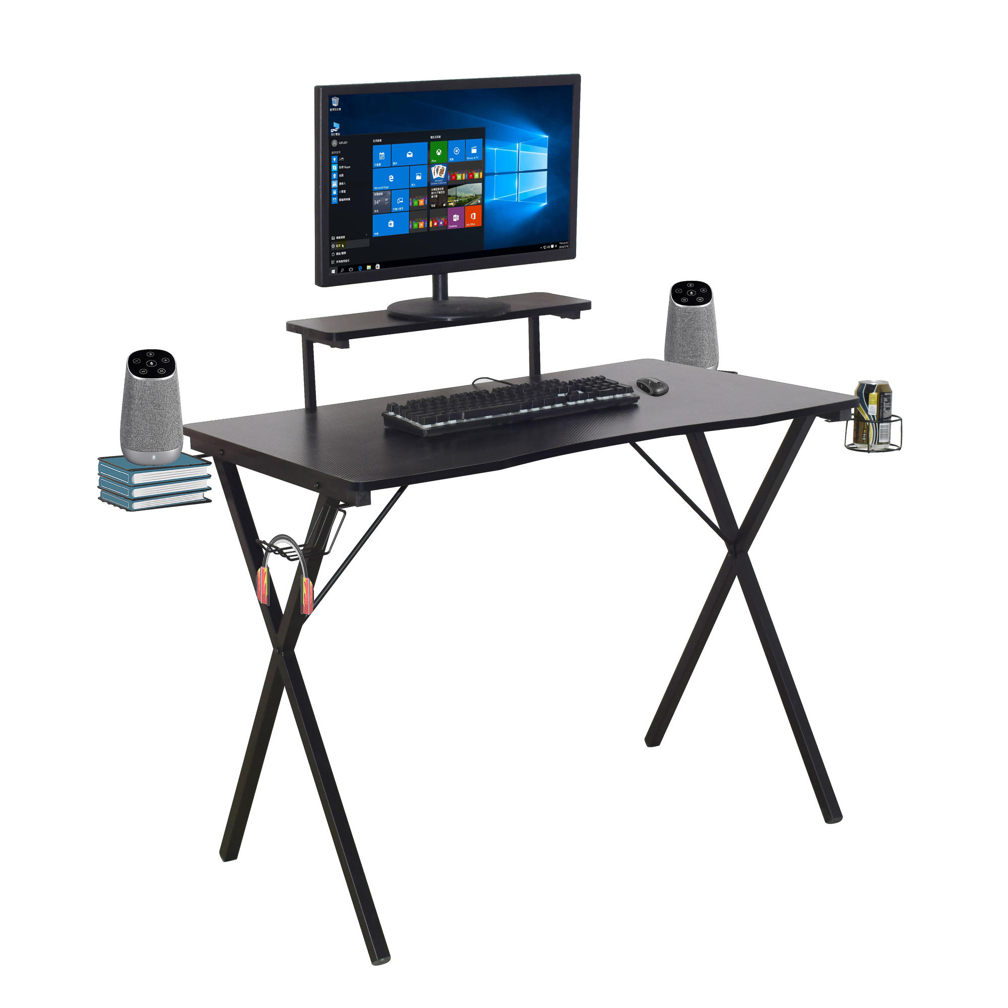X-Shaped Computer Gaming Desk with Integrated Monitor Stand, Hook and ...