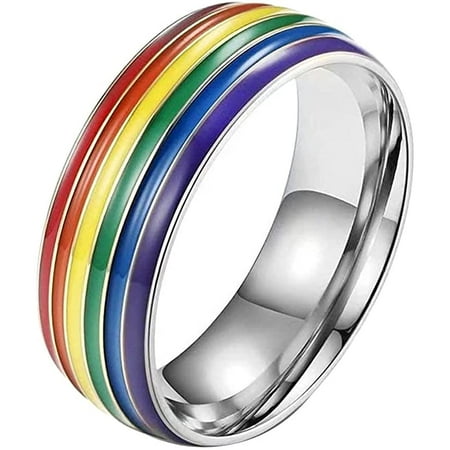 8mm Stainless Steel Gay Pride Rainbow Stripe Flag Band Rings Enamel ...