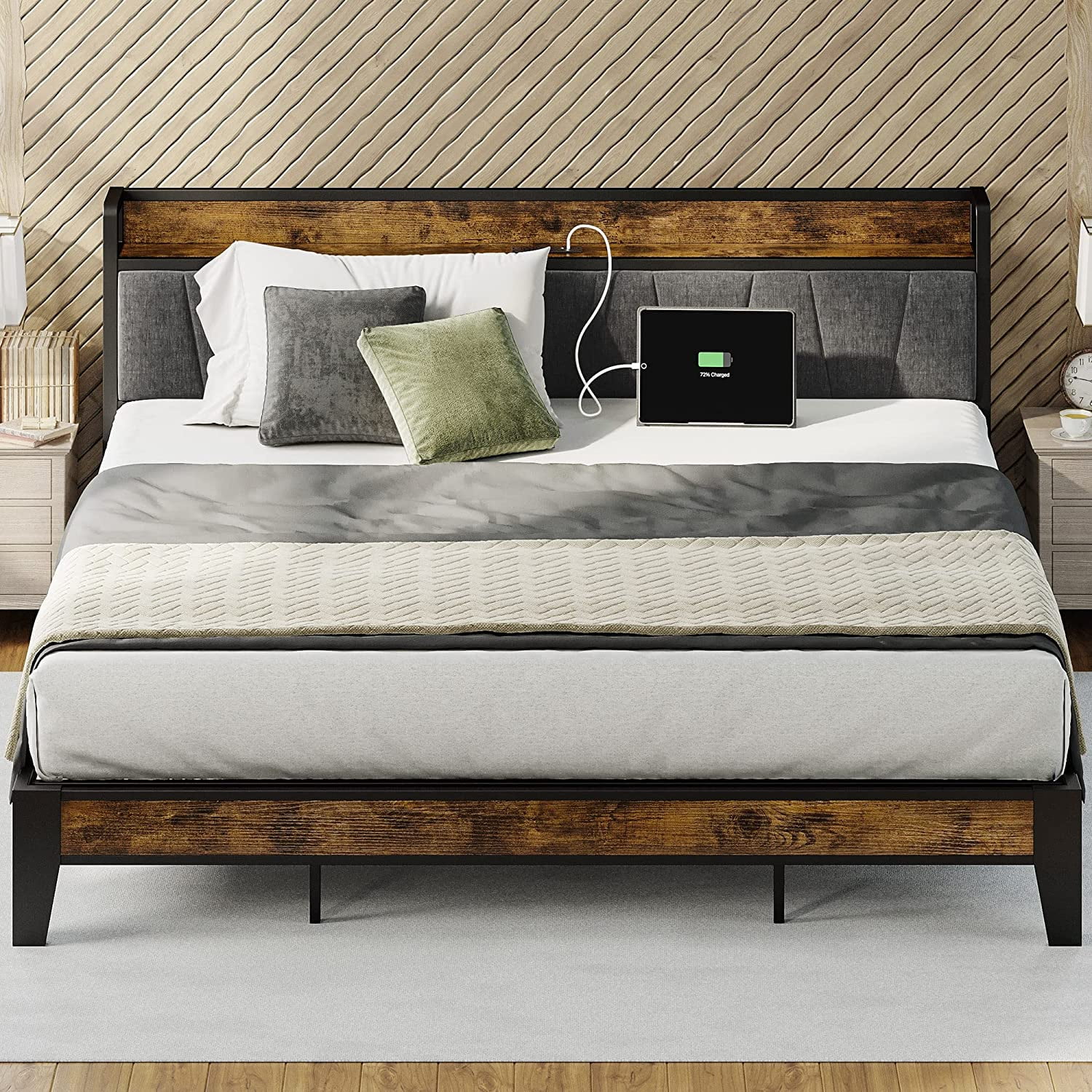 LIKIMIO King Size Bed Frame Storage Headboard With Charging Station