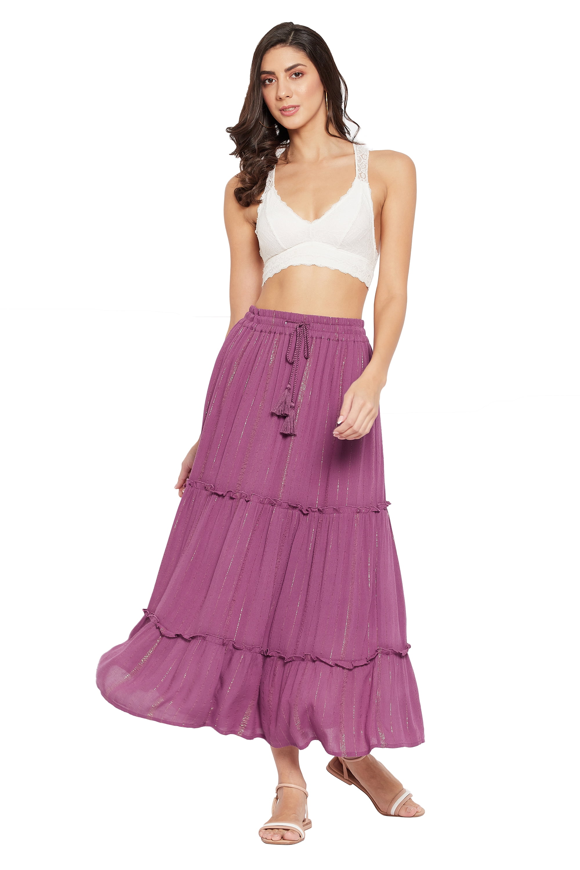 Women Solid Skirts Long Ruffle Layered Ladies Skirts for Summer, Purple ...
