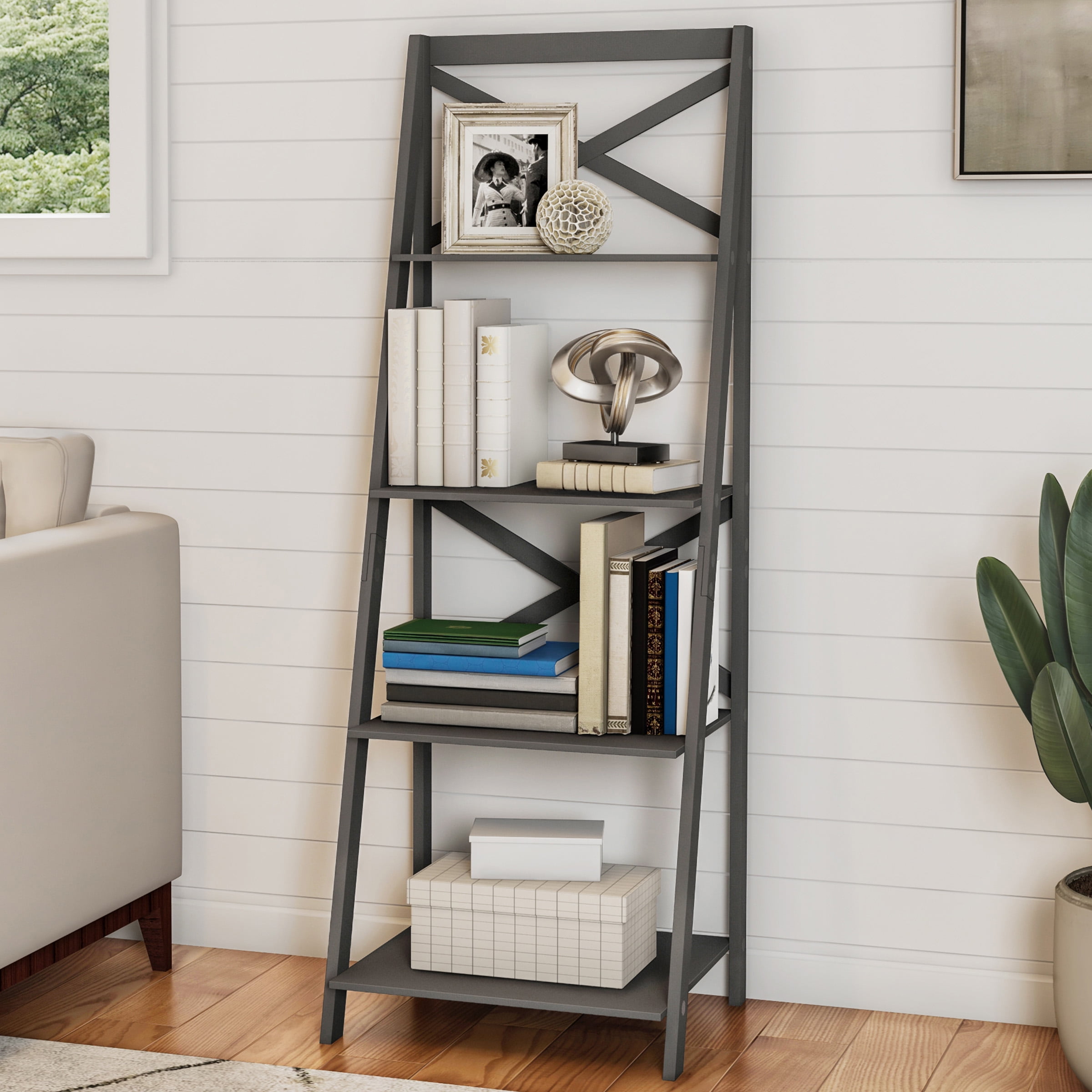 Lavish Home 4-Tier Freestanding Ladder Bookshelf with X-Back Frame ...