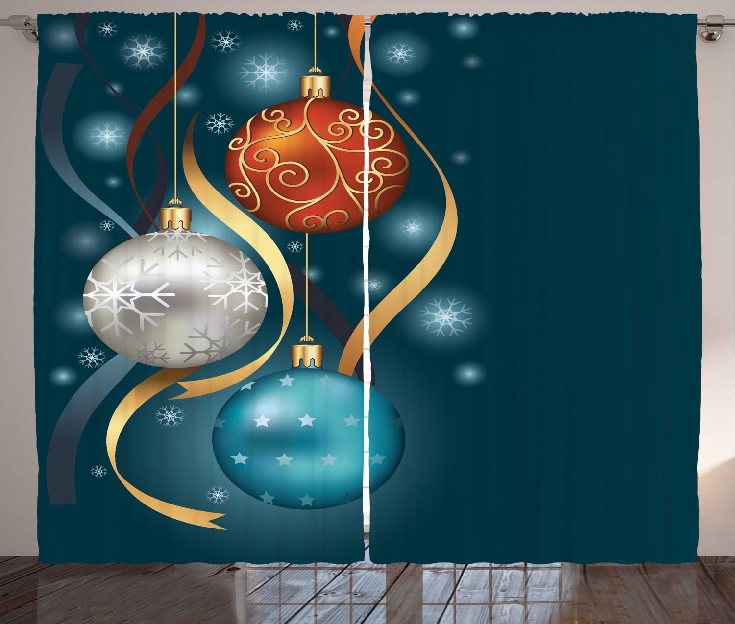 Christmas Curtains 2 Panels Set, Vivid Classical Baubles with Ribbons ...