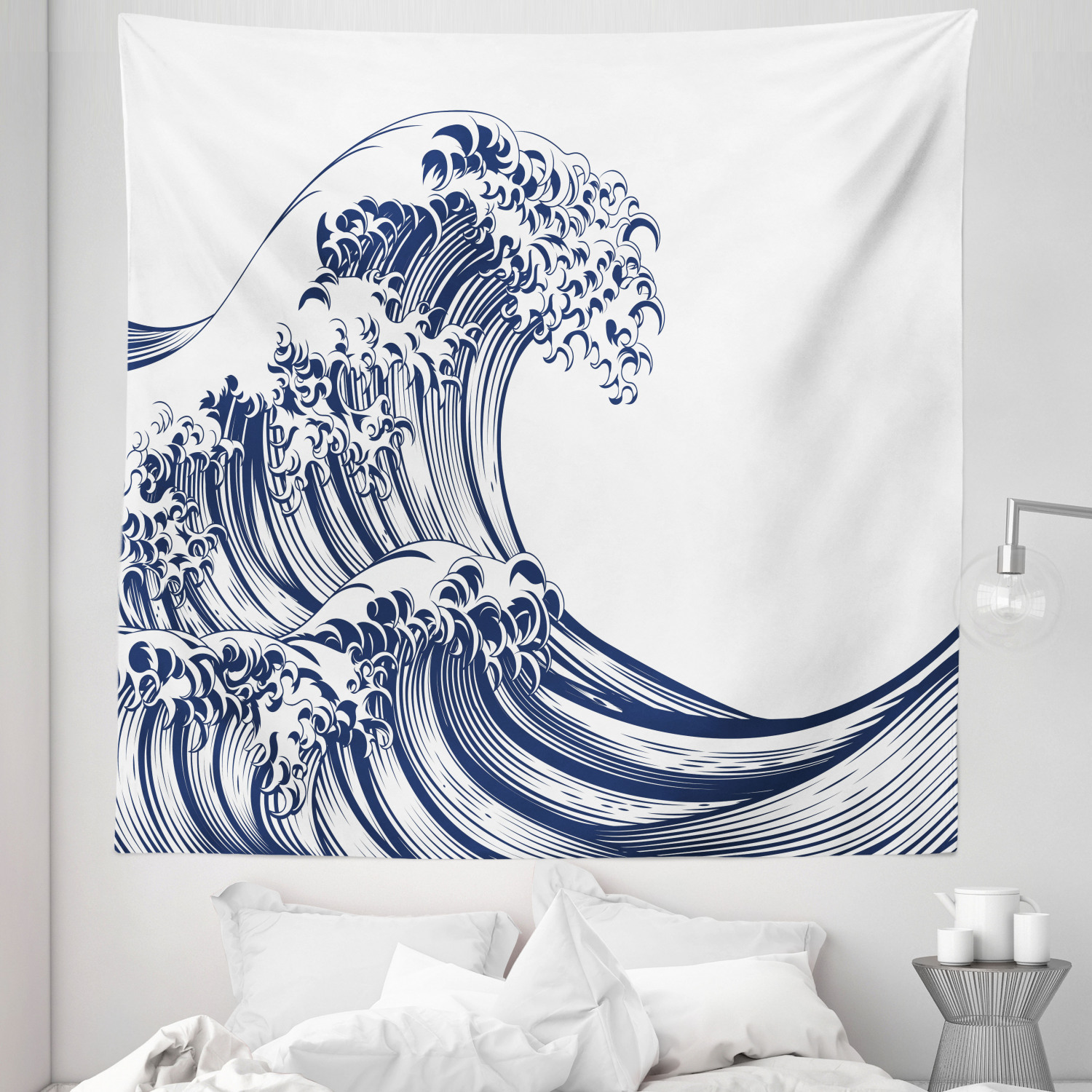 Japanese Wave Tapestry, Oriental Vintage Wave Monochrome Kanagawa ...