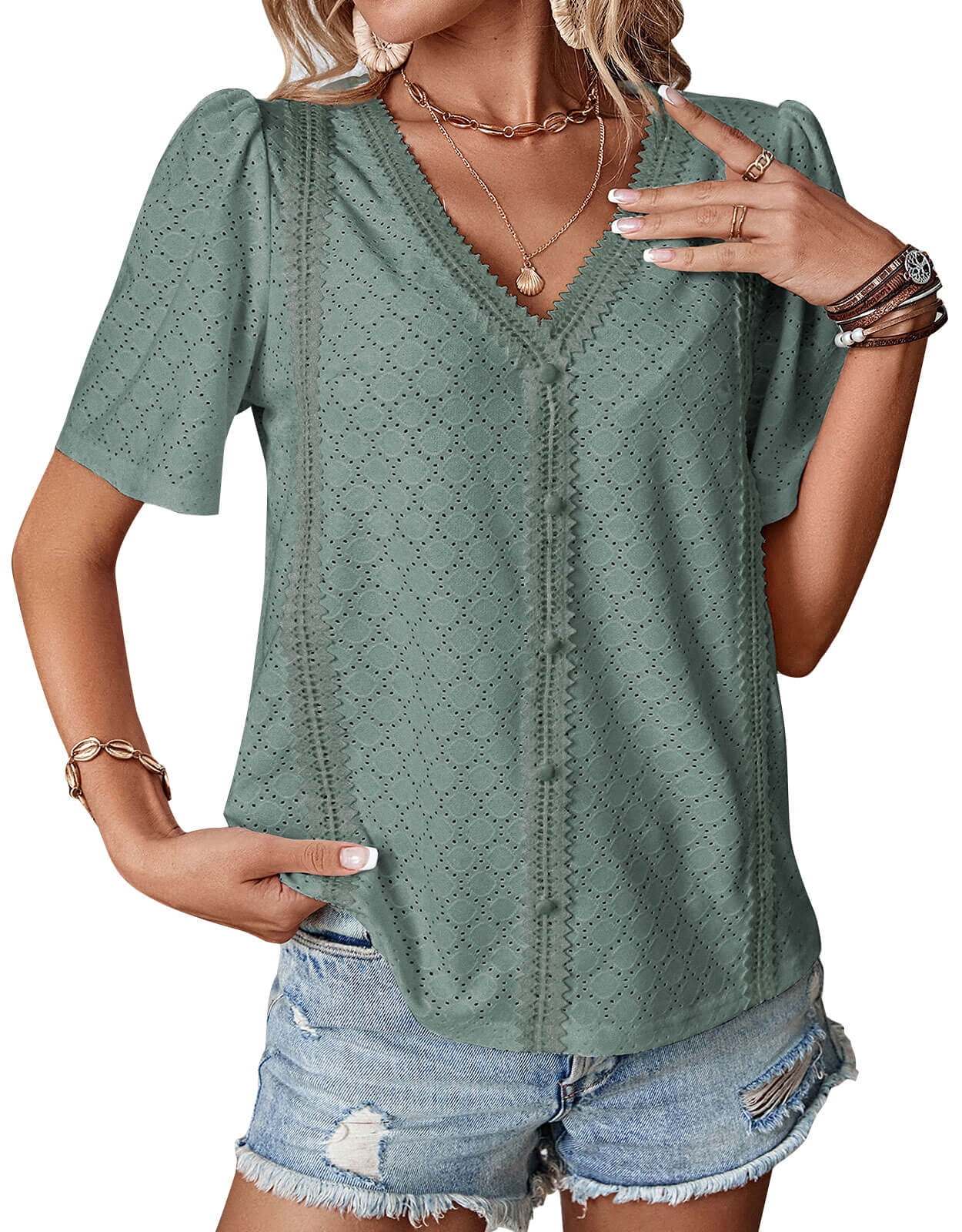 Cogild Womens Tops Solid Hollowed Out Blouse Short Sleeve V Neck ...