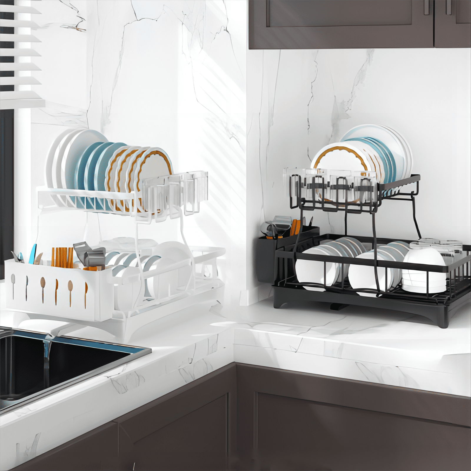 Holocky Large Dish Drying Racks 2 Tire Dish Rack with Drainboard Home ...