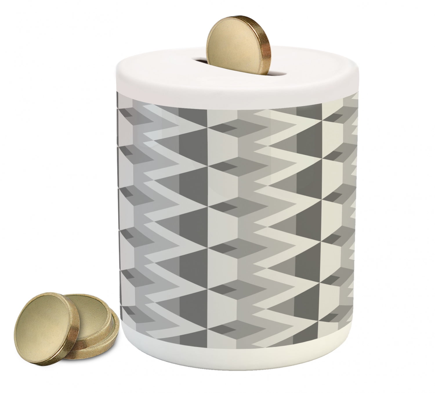 Grey Piggy Bank, Triangles with Parallel Lines in Dark Retro Minimalist ...