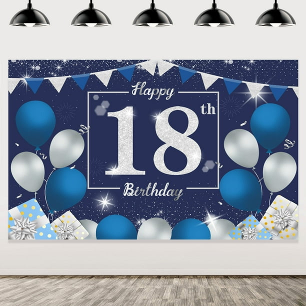 Happy 18th Birthday Banner, 18th Birthday Decoration Backdrop Banner, Navy Blue Silver Happy ...