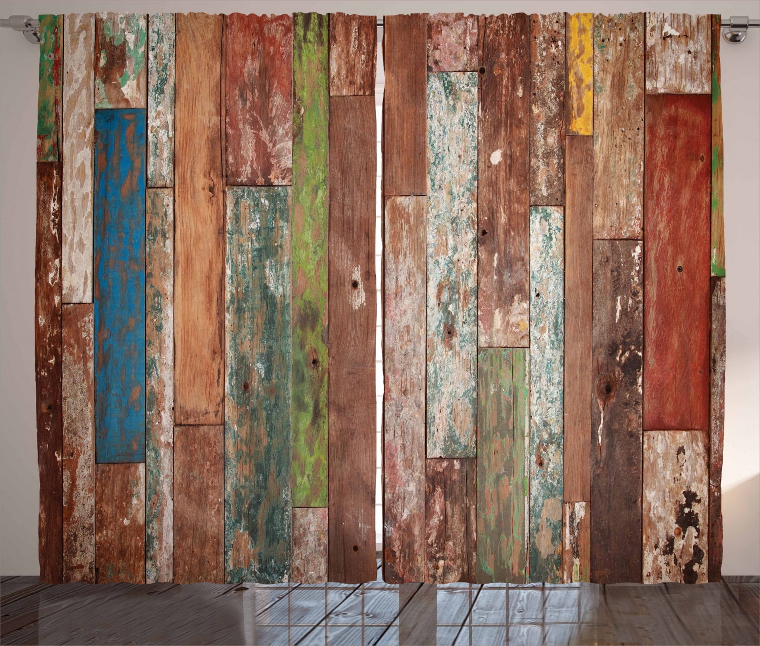 Rustic Curtains 2 Panels Set, Grunge Style Planks Print Weathered Old ...