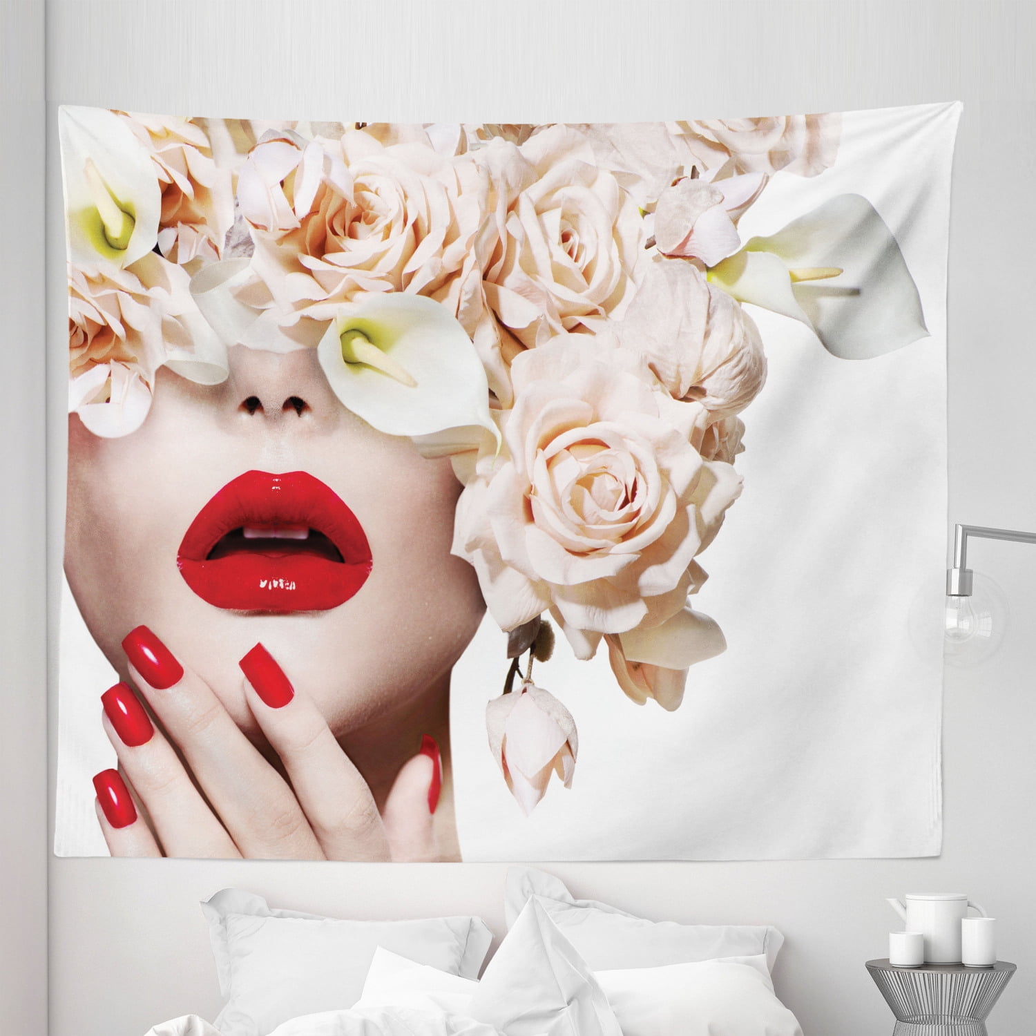Women Tapestry, Lady with Red Lips and Nails Model Head Covered with ...