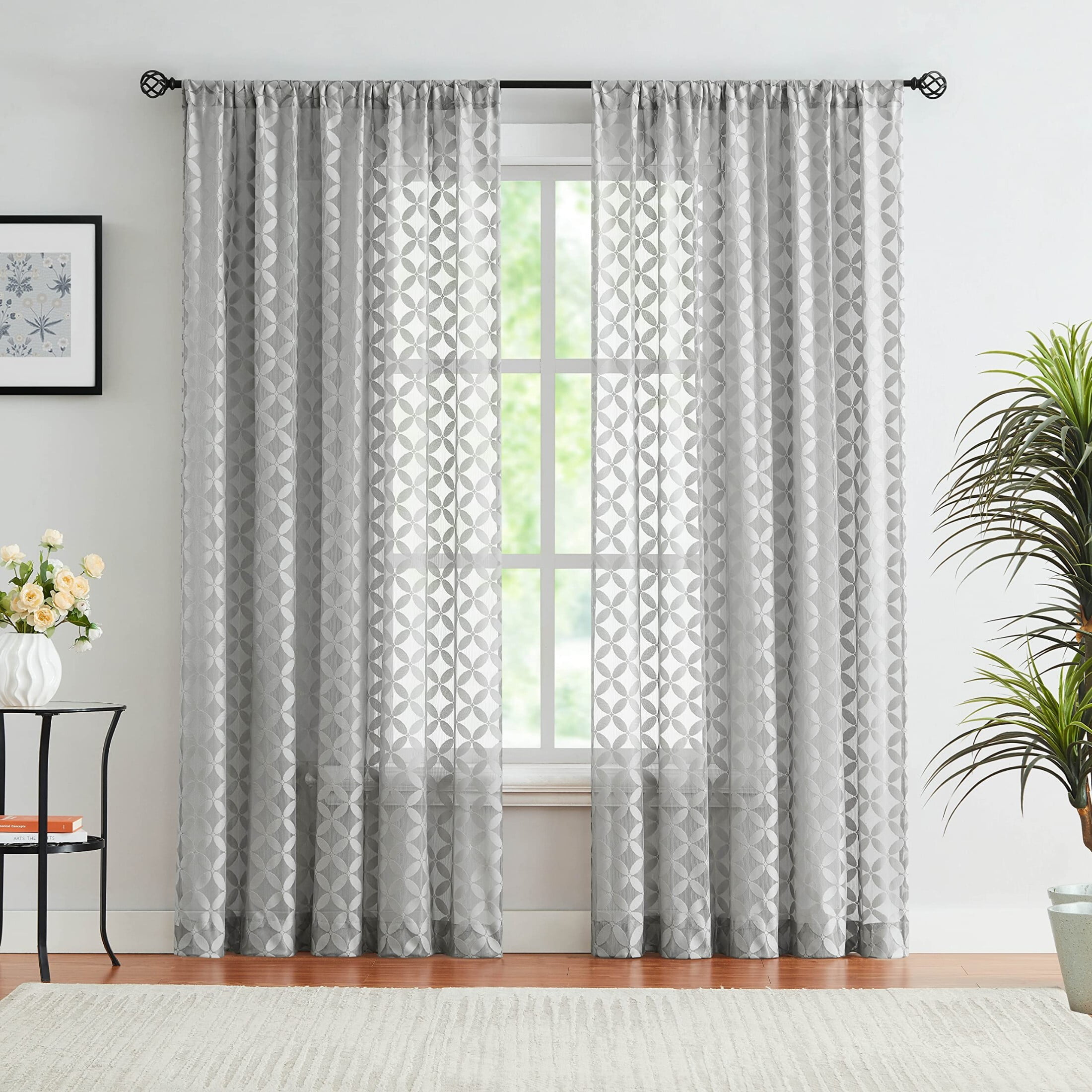 Junvictex Gray Floral Lace Sheer Curtains for Living Room, Rod Pocket ...