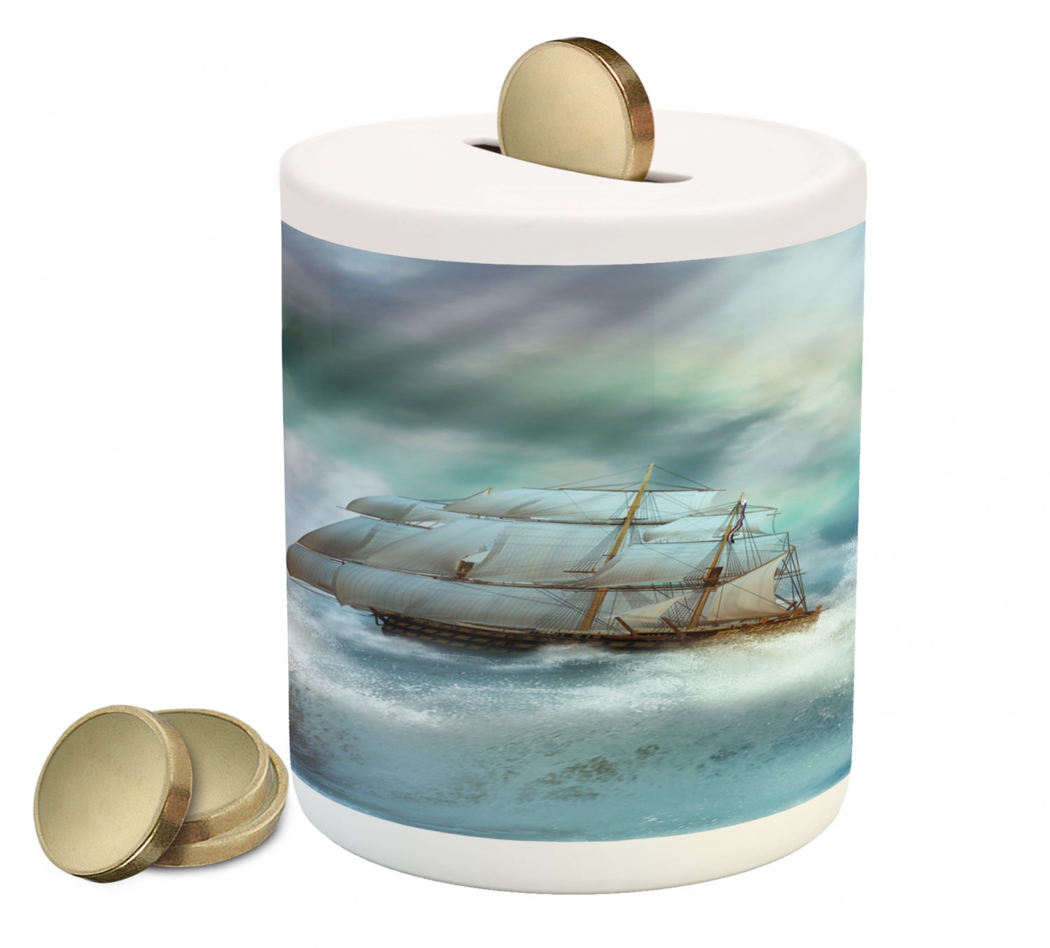 Ocean Piggy Bank, Majestic Nautical Sealife and Pirate Boat Ship on a ...