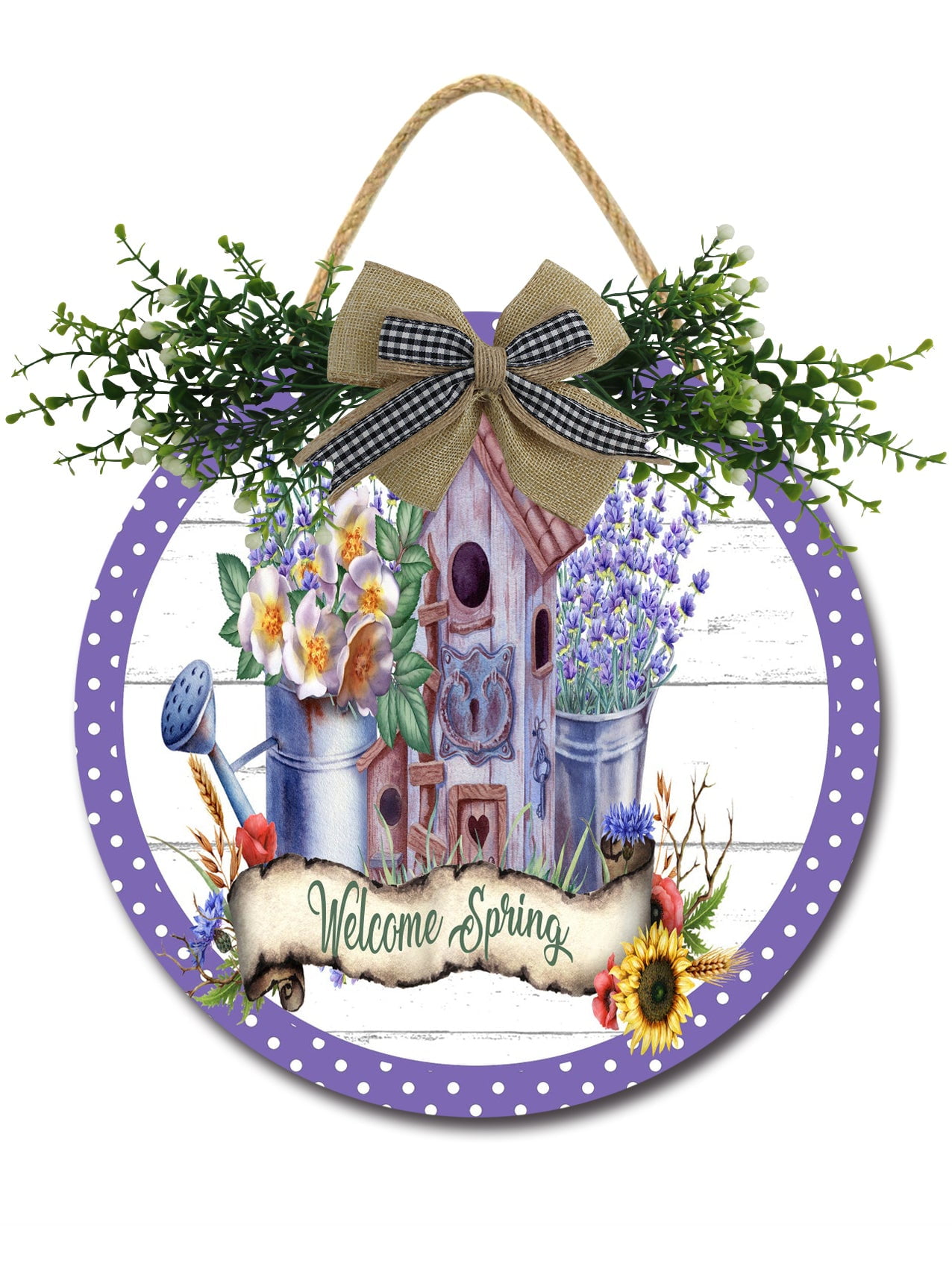 Welcome Spring Wooden Front Door Sign Rustic Round Wreath Wall Hanger ...