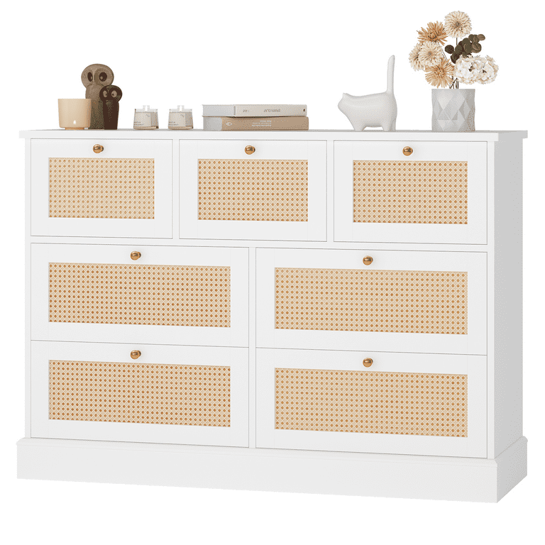 Homfa Rattan Dresser White 7 Drawer Combo Double Dresser Modern Wicker Chest for Bedroom Adult Unisex Size 31.4 H x 43.3 W x 15.7 D