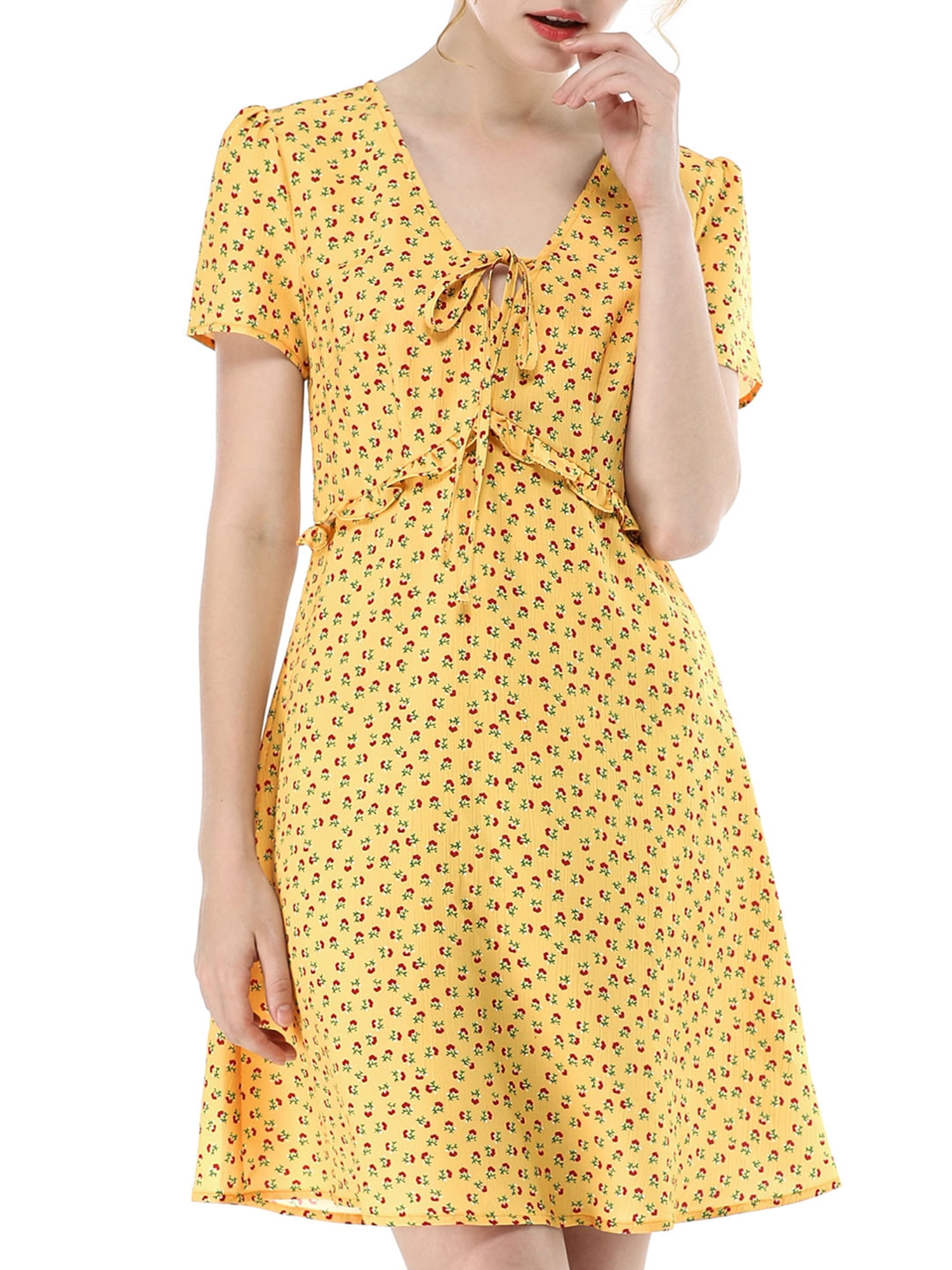 Allegra K Womens Tie V Neck Short Sleeve Ruffle Floral A Line Dress