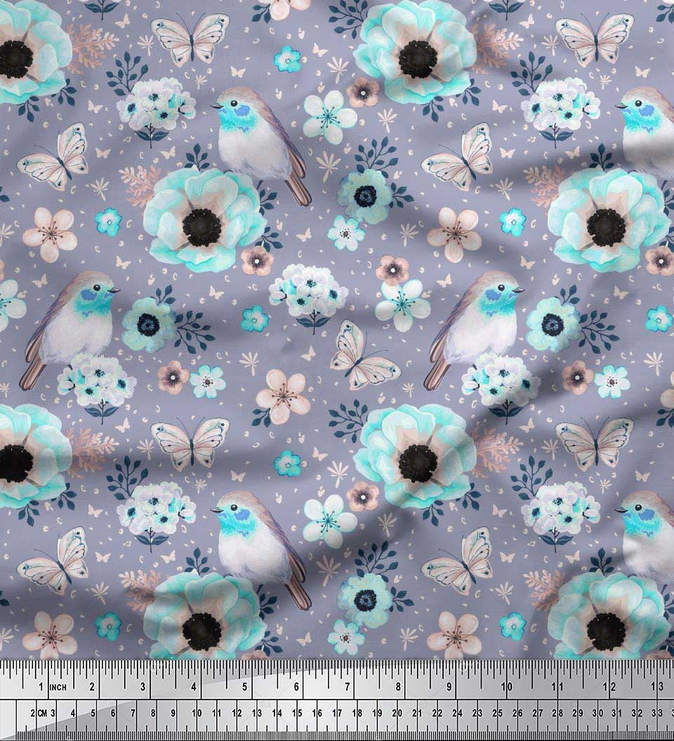 Soimoi Satin Silk Fabric Robin,Butterfly & Anemone Floral Printed ...