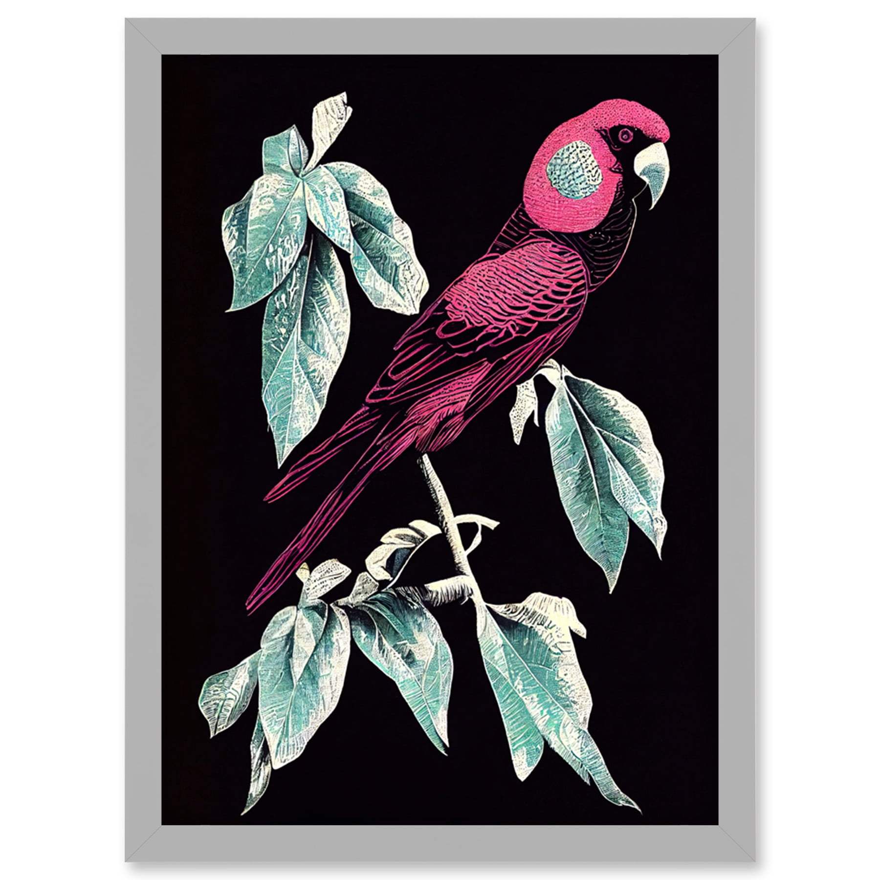 Coral Parrot On Tree Branch Silver Linocut Illustration Modern Vibrant ...