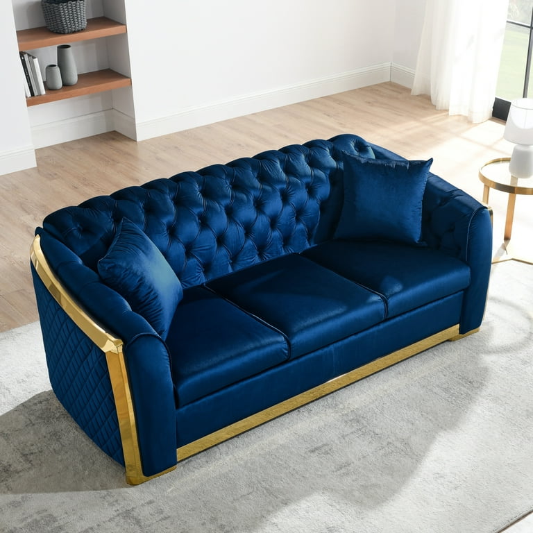 84 Luxury Chesterfield Velvet Tufted 3 Seater Sofa with Gold Stainless Decoration and Pillows Blue