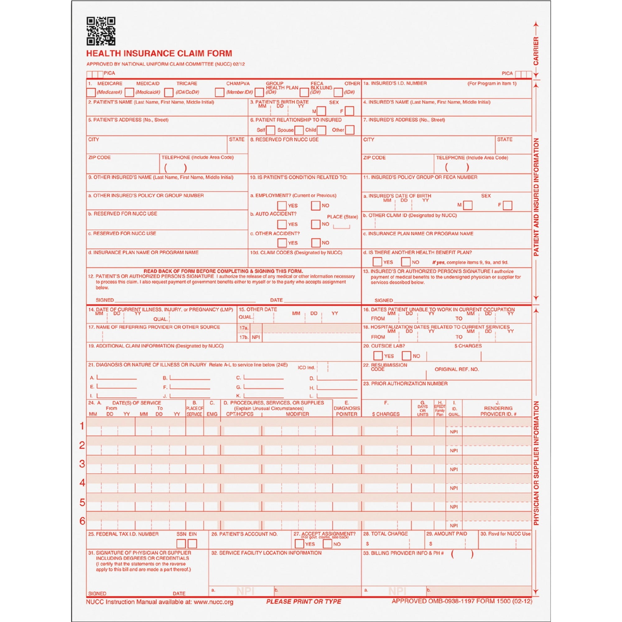 TOPS CMS-15000 Health Insurance Claim Forms, 250 Pack - Walmart.com