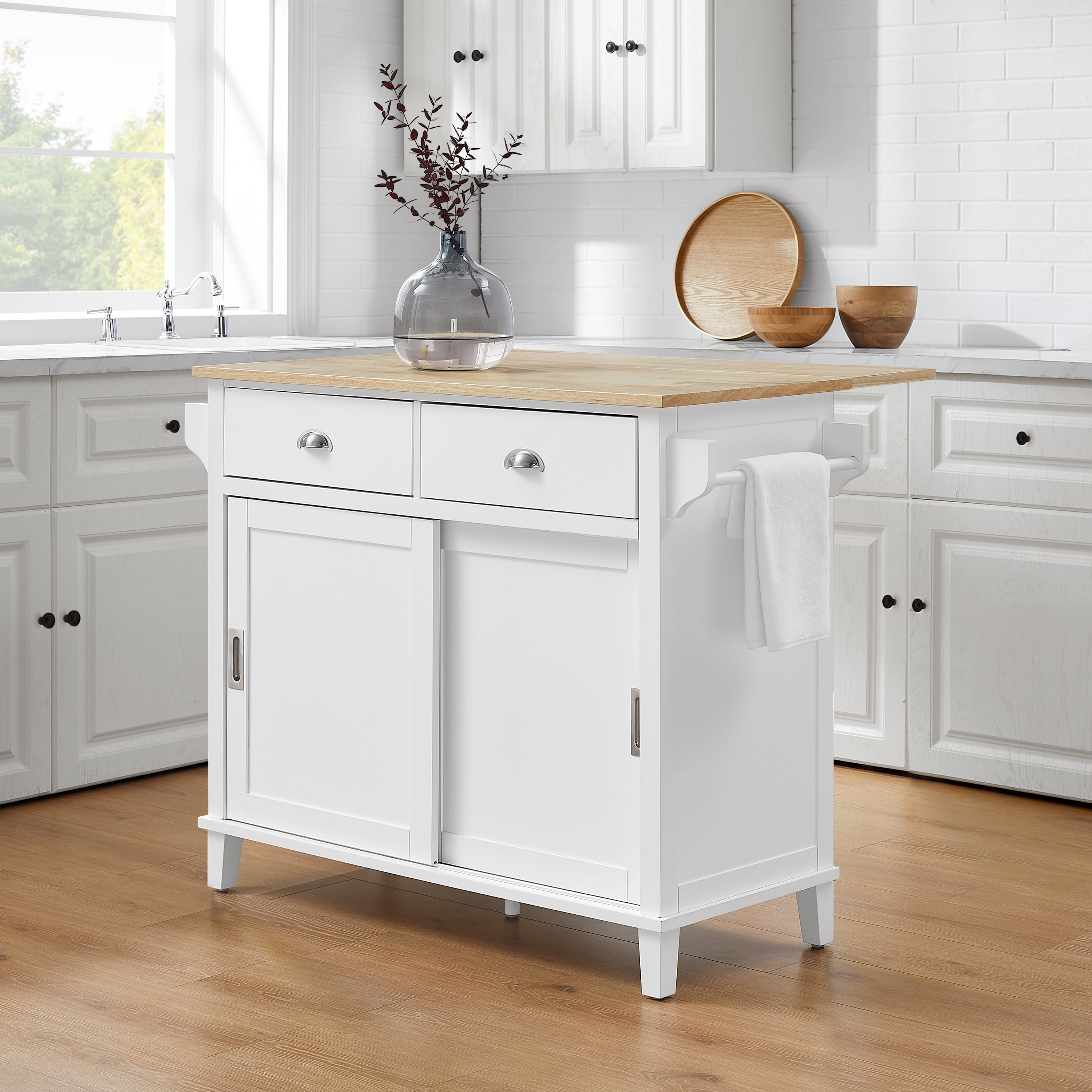 Cora Drop Leaf Kitchen Island White/Natural - Walmart.com