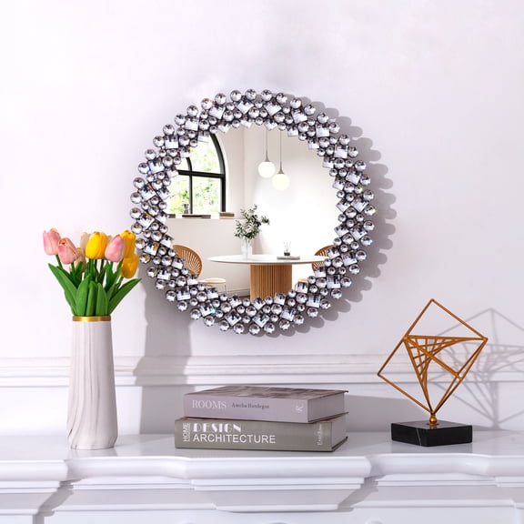 SHYFOY Jeweled Accent Wall Mirror 33.85 Inches Round Sparkly Decorative ...