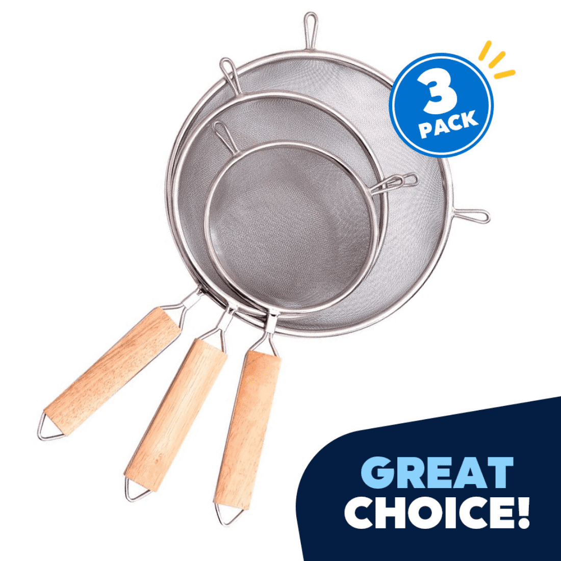 JEEXI Set of 3 Premium Strainers - Sieve Mesh Extra Fine Stainless ...