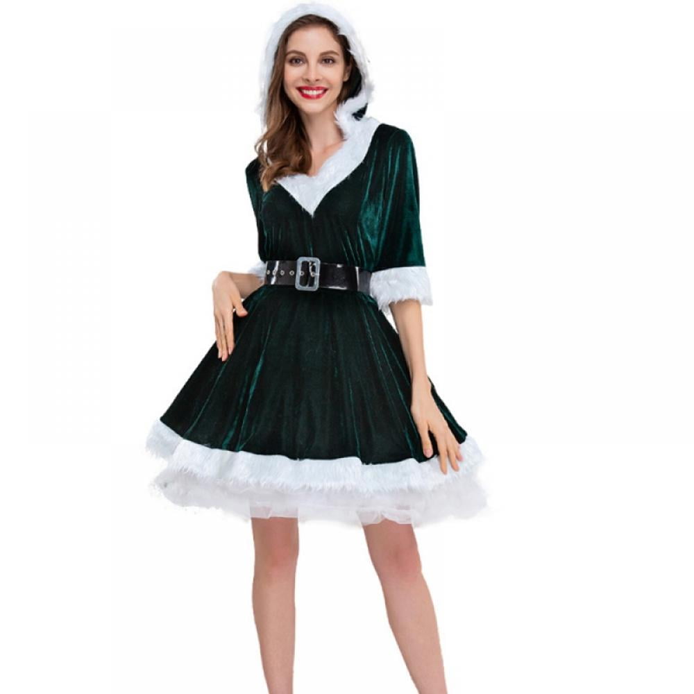 2 Piece Mrs Claus Costume Set Velvet Hooded Dress With Belt For