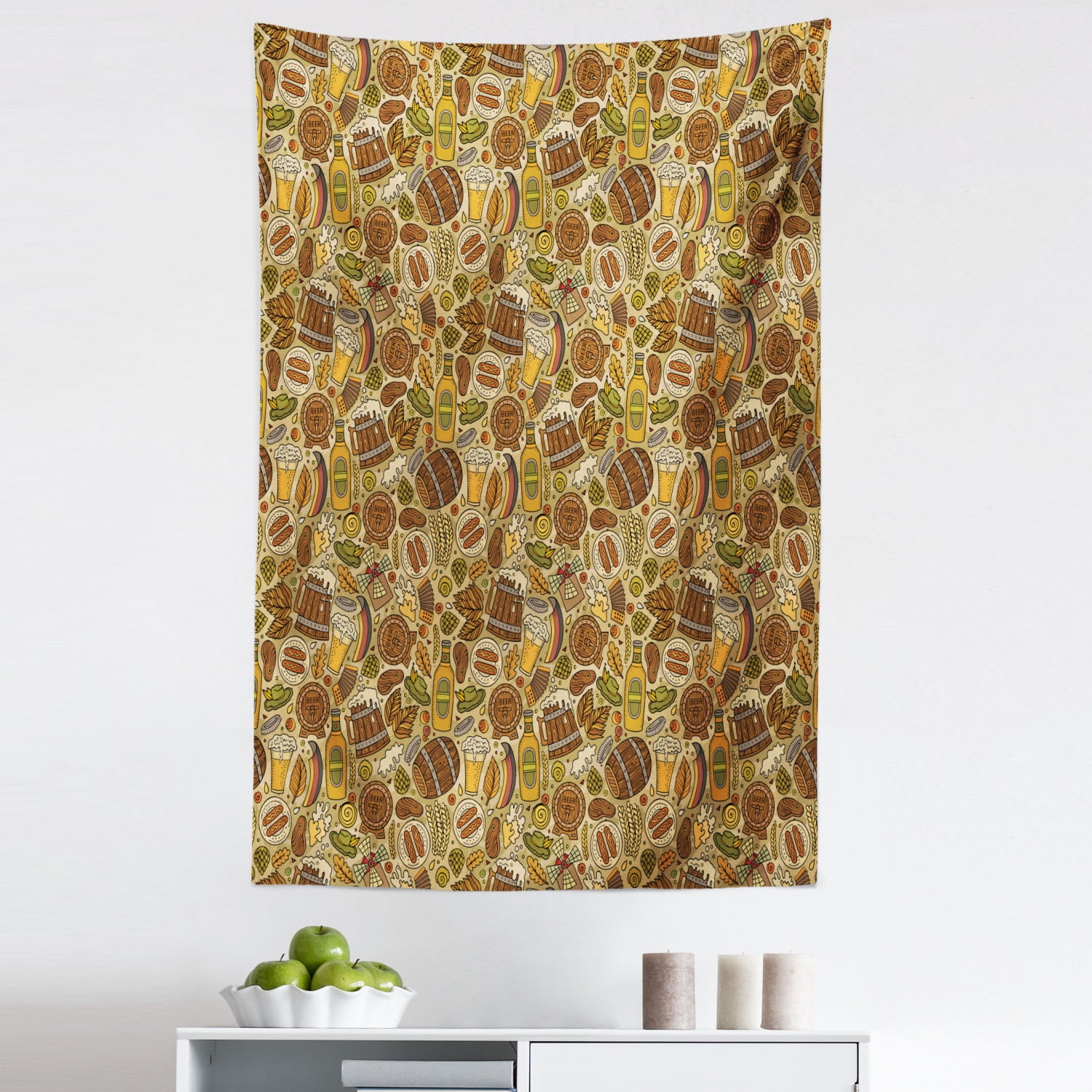 Alcohol Tapestry, Hand-Drawn Cartoon Oktoberfest Elements with Beer ...