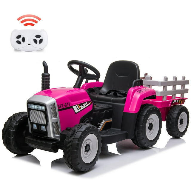 12V Kids Ride on Tractor with Trailer, Ride on Car Electric Tractor ...