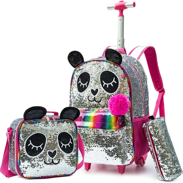 AVEKI Cute Panda Girls Rolling Backpack Wheels Backpacks for Kids ...