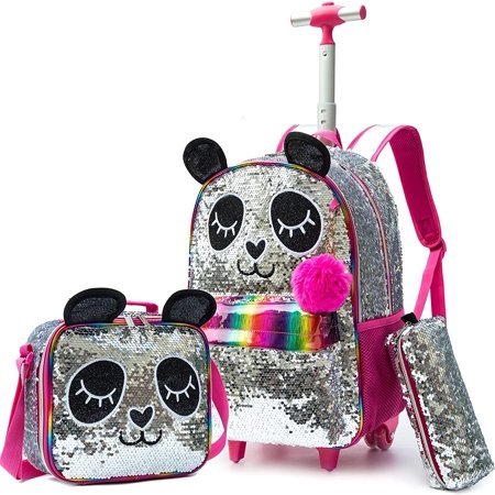 AVEKI Cute Panda Girls Rolling Backpack Wheels Backpacks for Kids ...