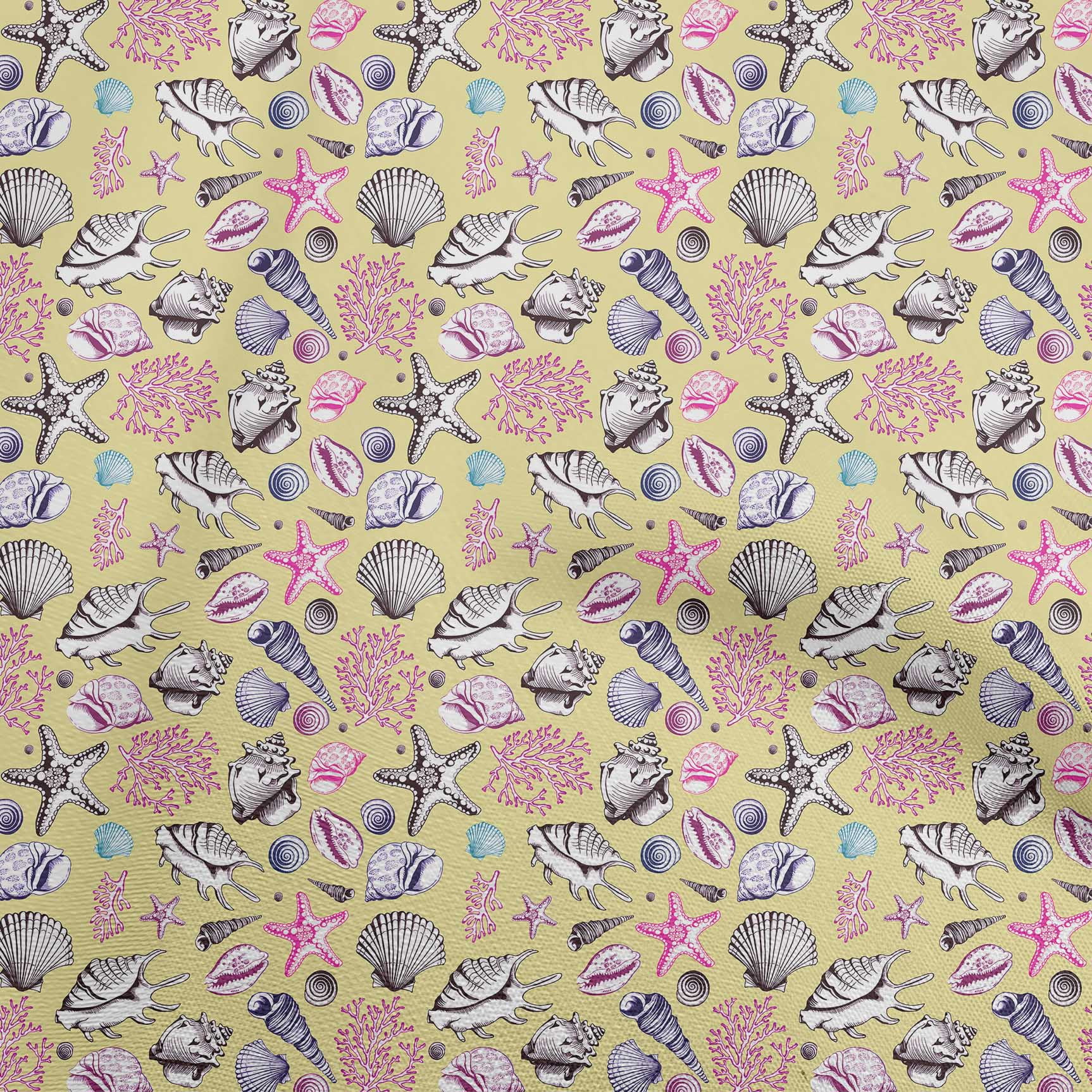 oneOone Silk Tabby Pale Yellow Fabric Sea Shells Pattern Dress Material ...