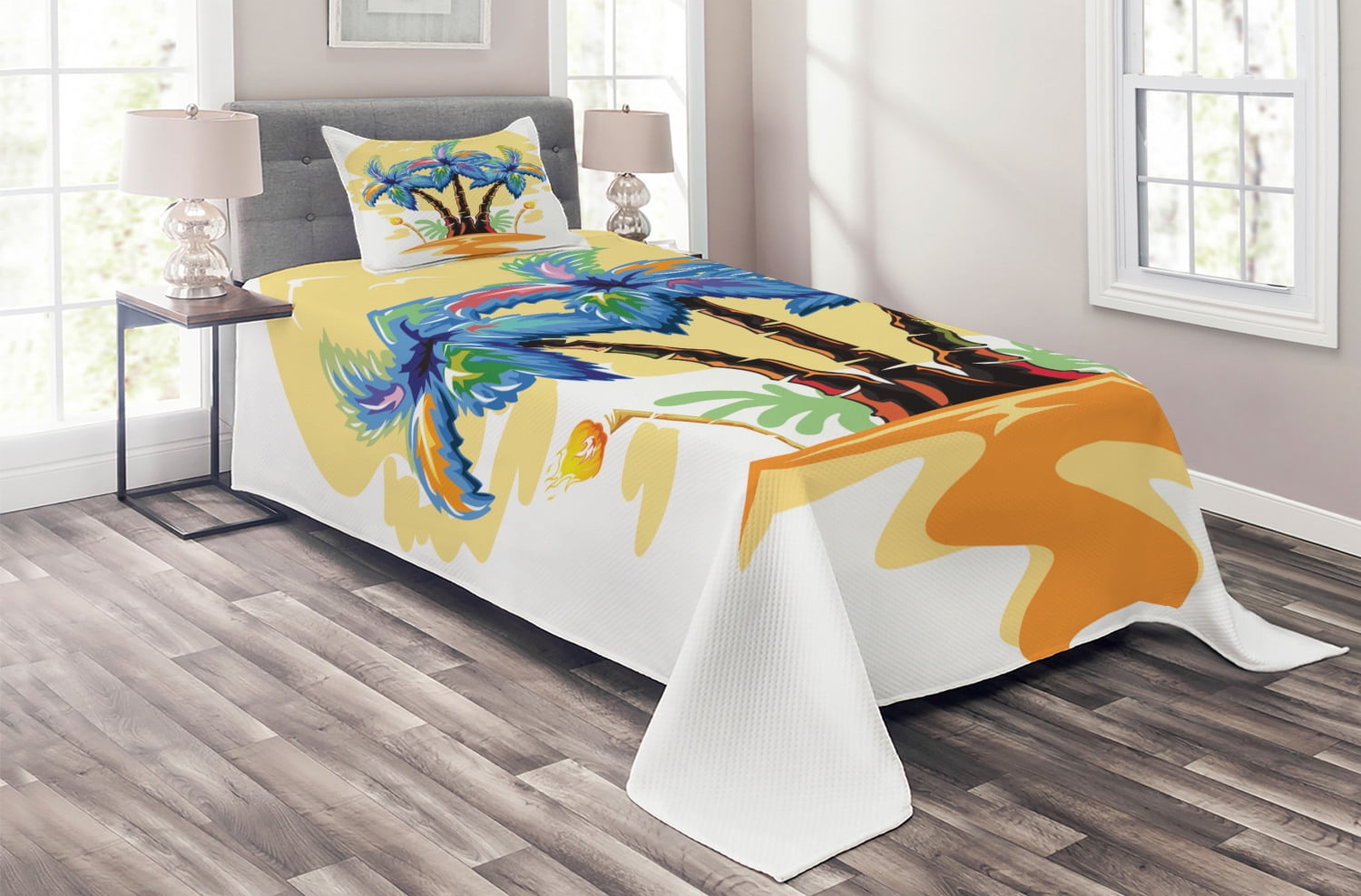 Ambesonne Tropical Quilted Coverlet 2 Pcs, Cartoon Island Sunset, Twin ...