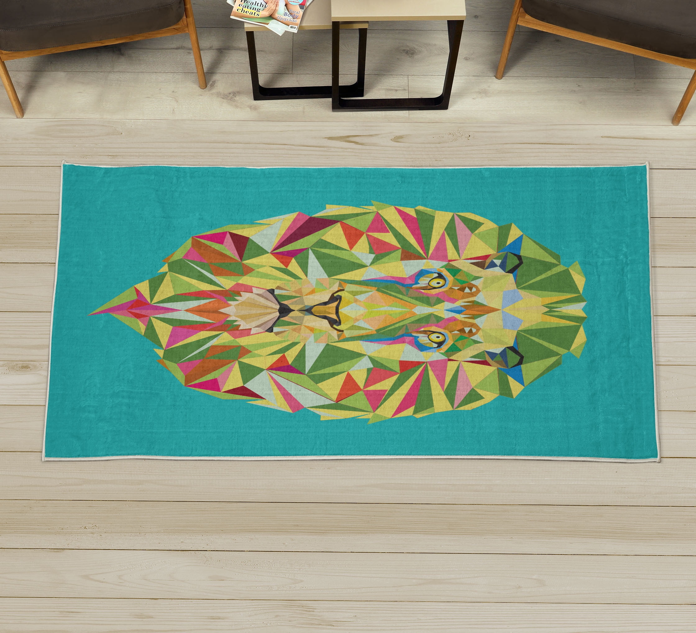 Zoo Decorative Rug, Colorful Animals Geometric Diamond Face Lions Mane ...